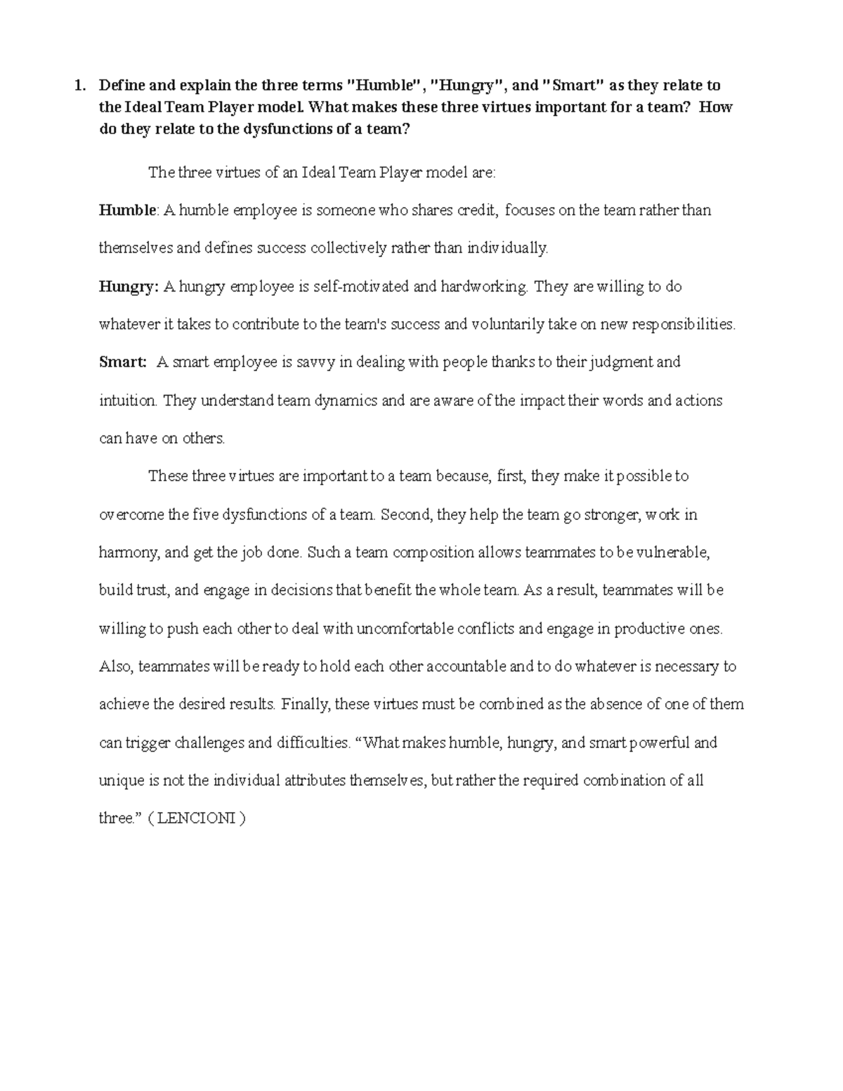 Team Player Quiz Question One - 1. Define and explain the three terms ...