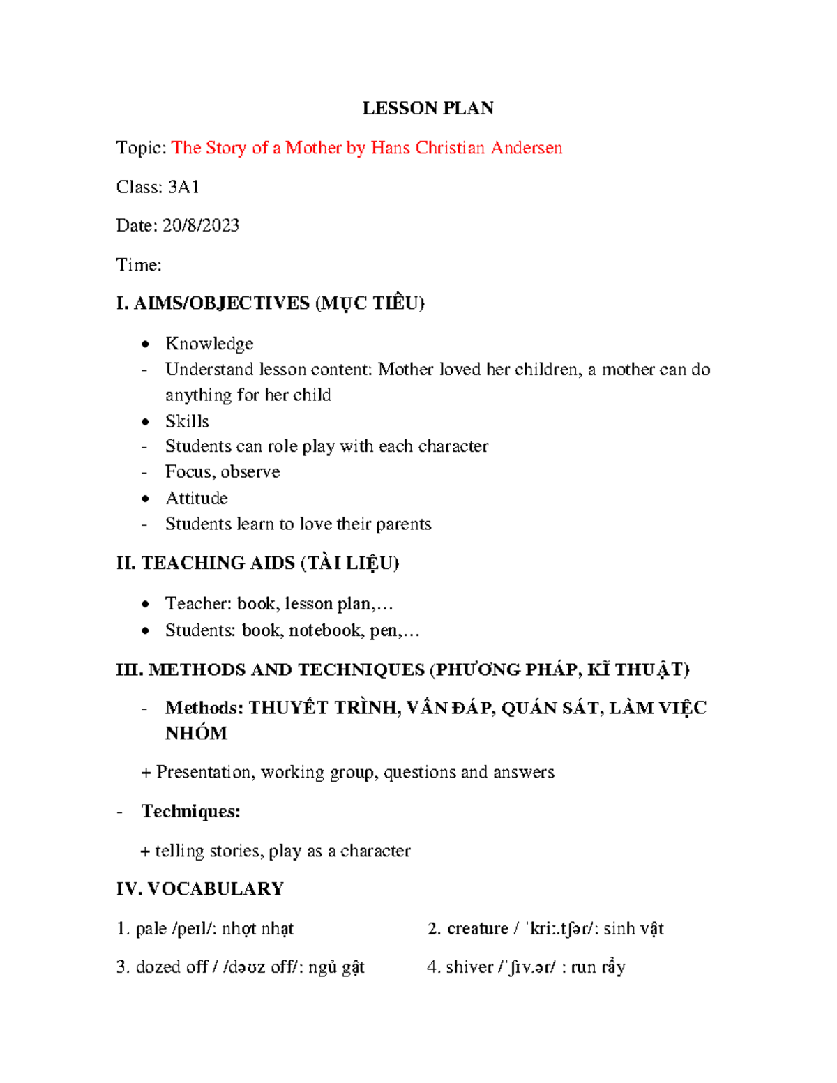 31. Nguyễn Phương Thảo. 9 lesson plan - LESSON PLAN Topic: The Story of ...