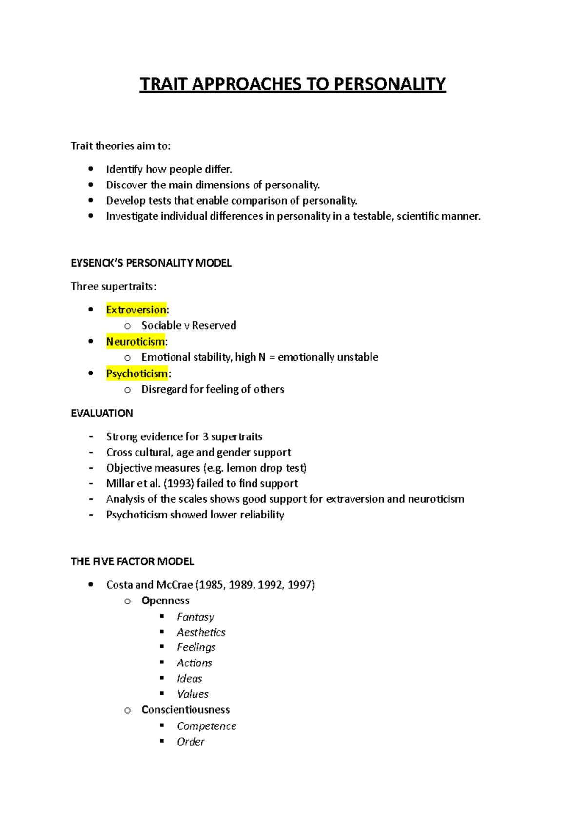Trait Approaches to Personality - TRAIT APPROACHES TO PERSONALITY Trait ...