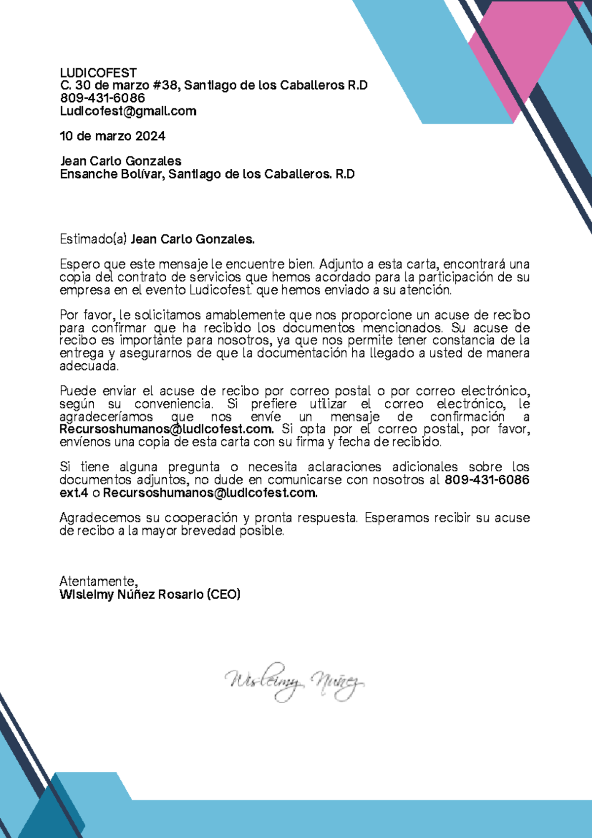 Cartas con acuse de recibo - Estimado(a) Jean Carlo Gonzales. Espero ...