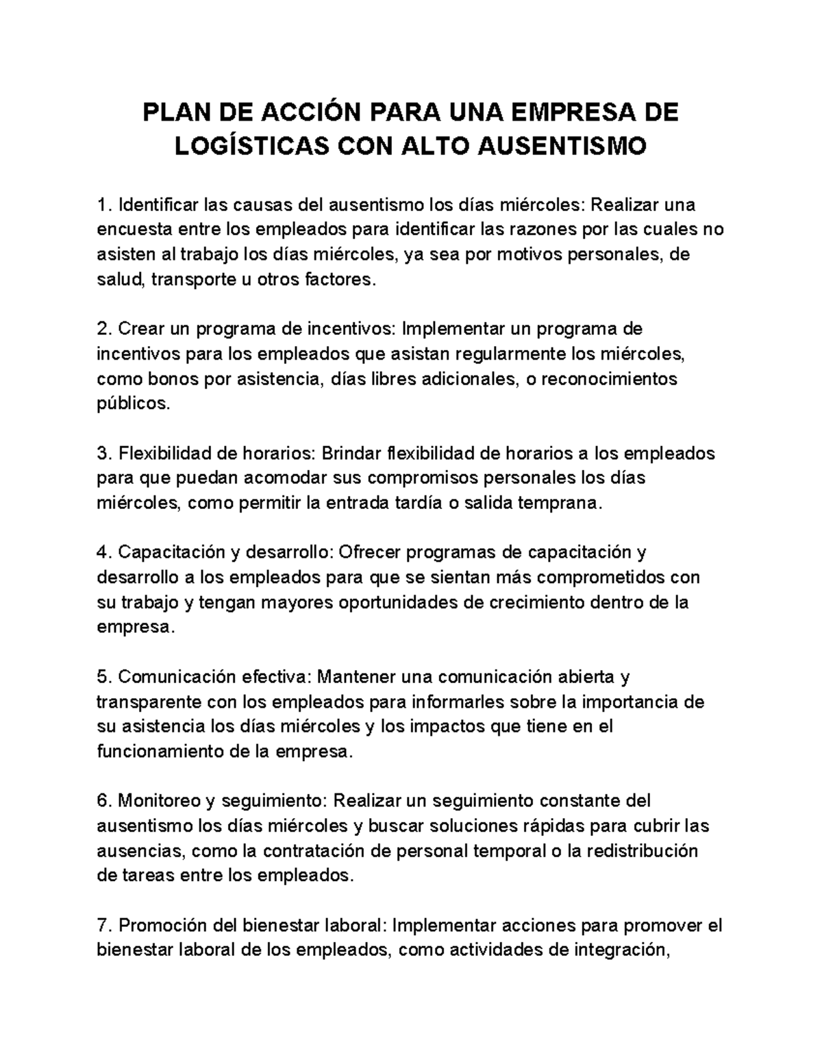 Plan De Acción Para Una Empresa De Logísticas Con Alto Ausentismo