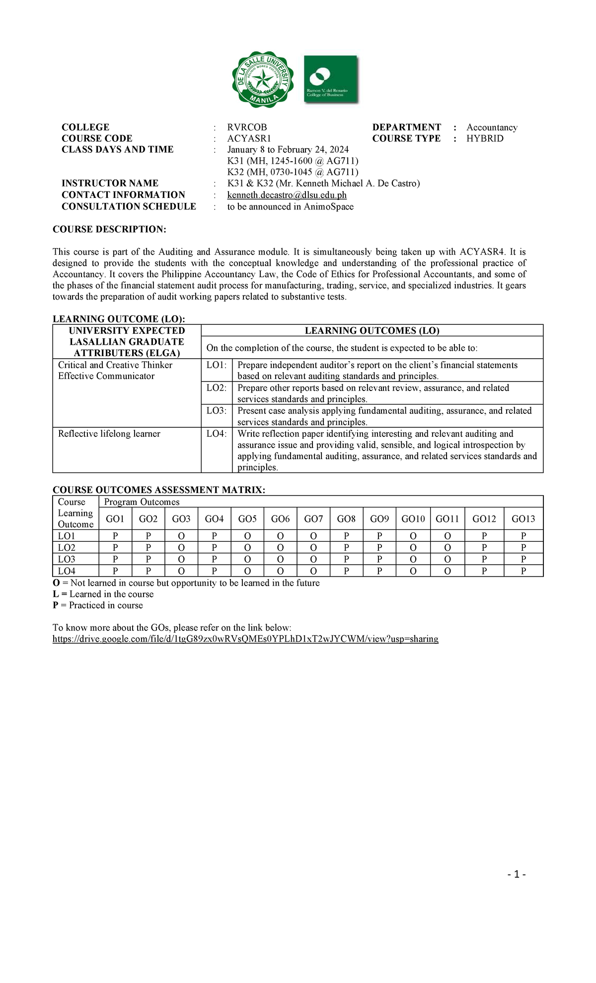 Acyasr 1 Syllabus T2, AY2023-2024 - COLLEGE : RVRCOB DEPARTMENT : Accountancy COURSE CODE ...