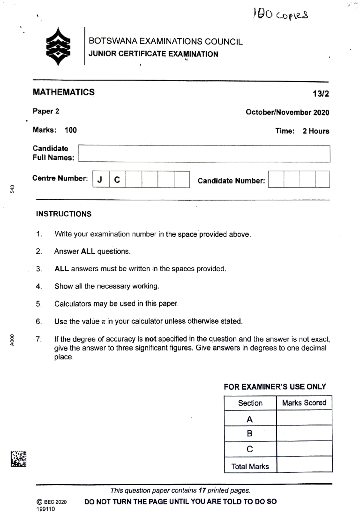 JCE 2020 - Past Exam paper - 100 copies BOTSWANA EXAMINATIONS COUNCIL ...