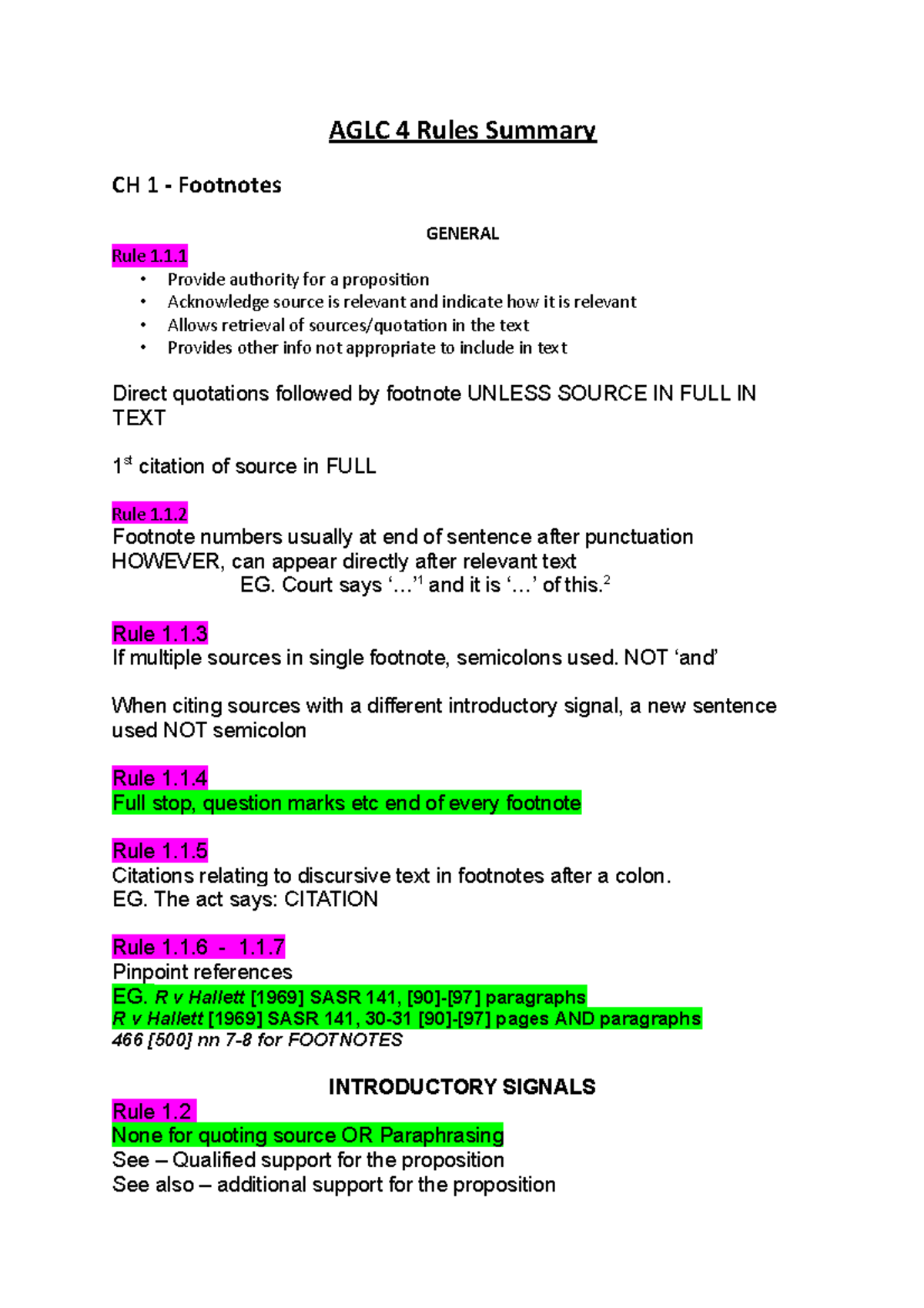 AGLC Rules Summary - AGLC 4 Rules Summary CH 1 - Footnotes GENERAL Rule ...