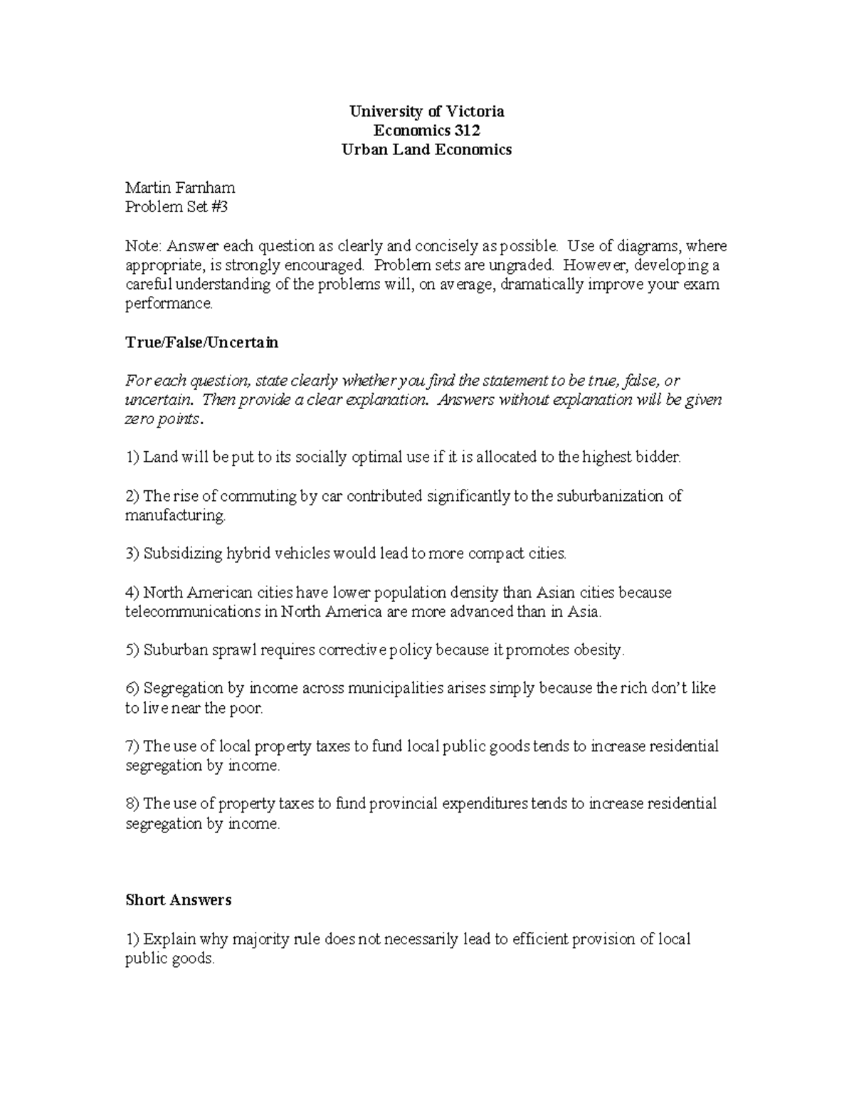 Tutorial work - problem set 3 solutions - University of Victoria ...