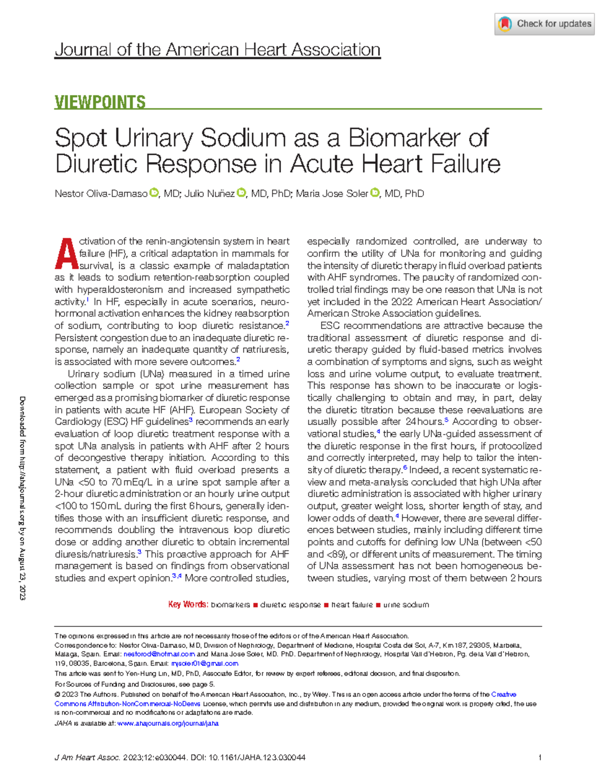 Spot Urinary Sodium as a Biomarker of Diuretic Response in Acute Heart ...