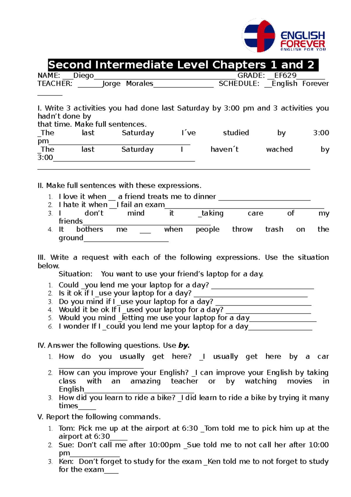 Examen Inglés - nota - Second Intermediate Level Chapters 1 and 2 NAME ...