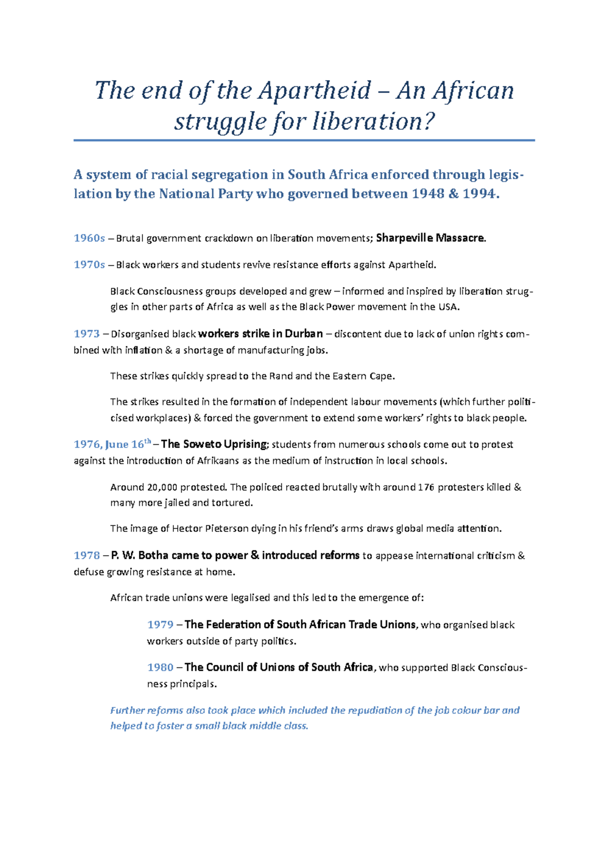 The end of the Apartheid – An African struggle for liberation? - 1960s ...