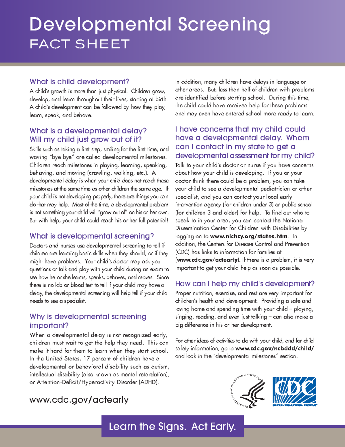 Developmental screening fact sheet CDC - Developmental Screening FACT ...