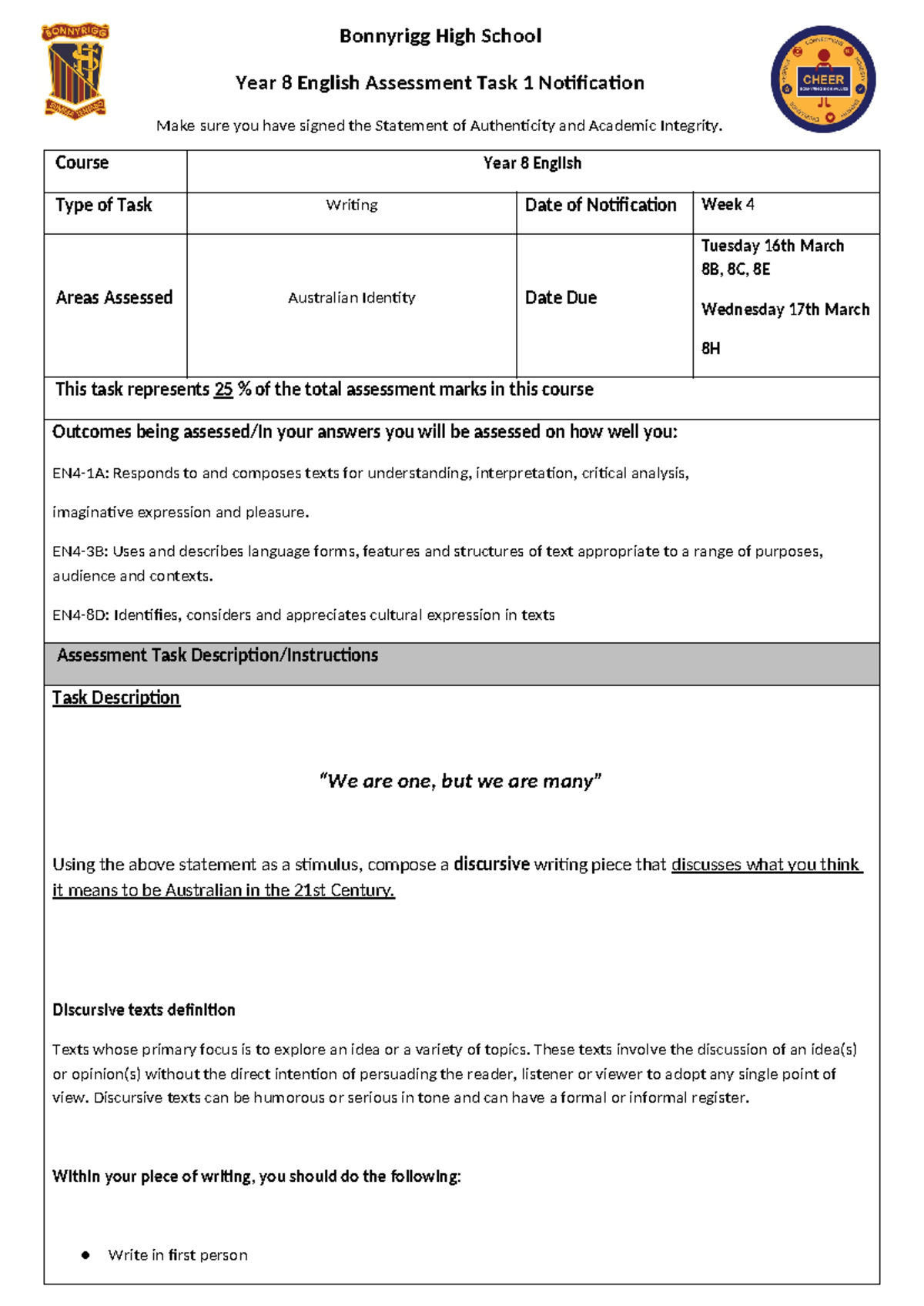 Assessment Task - Australian Identity Notification - Bonnyrigg High ...