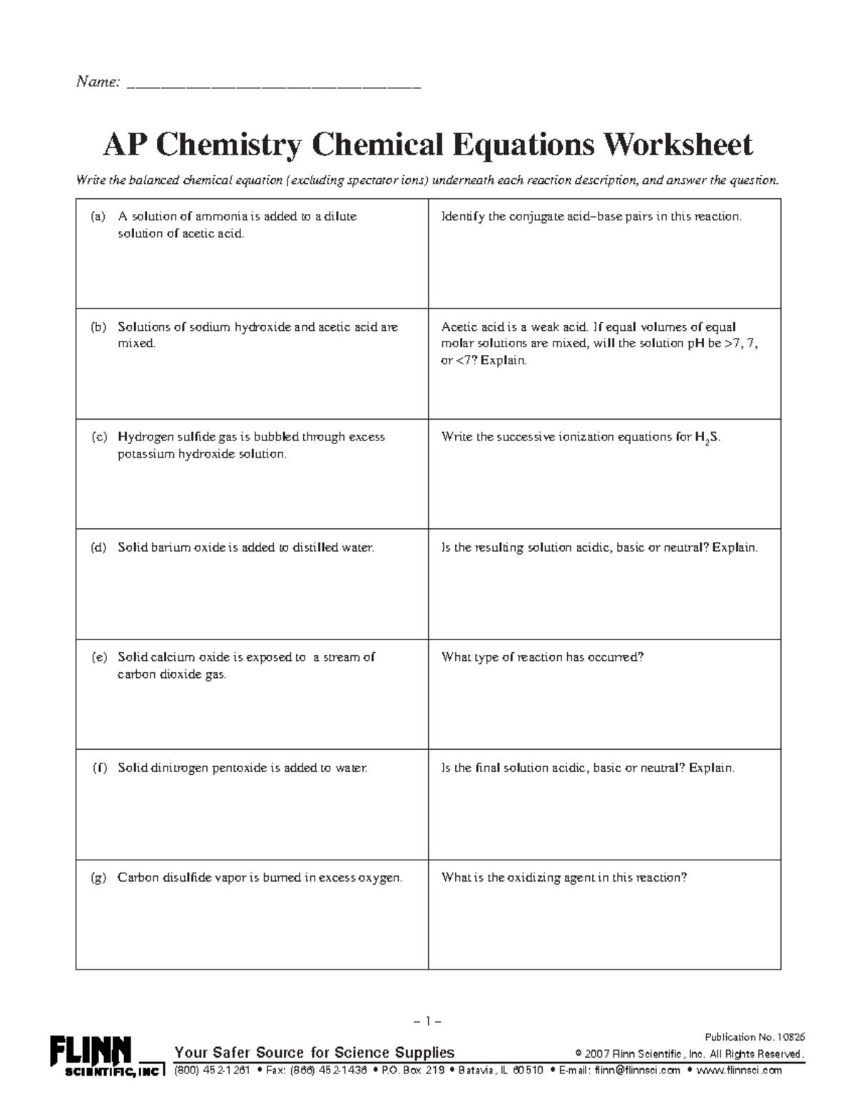 AP Chemistry Chemical Equations Worksheet - Your Safer Source for ...