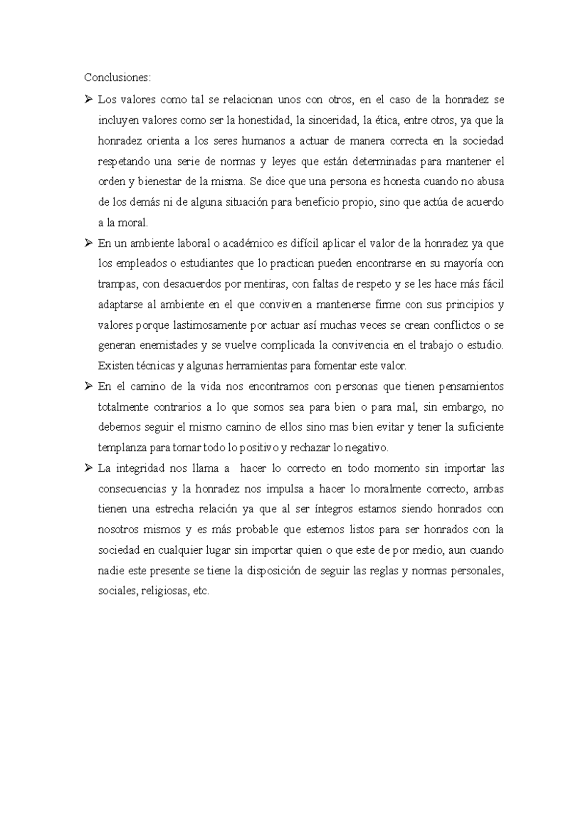 Conclusiones y Recomendaciones Maria - Conclusiones: Los valores como ...