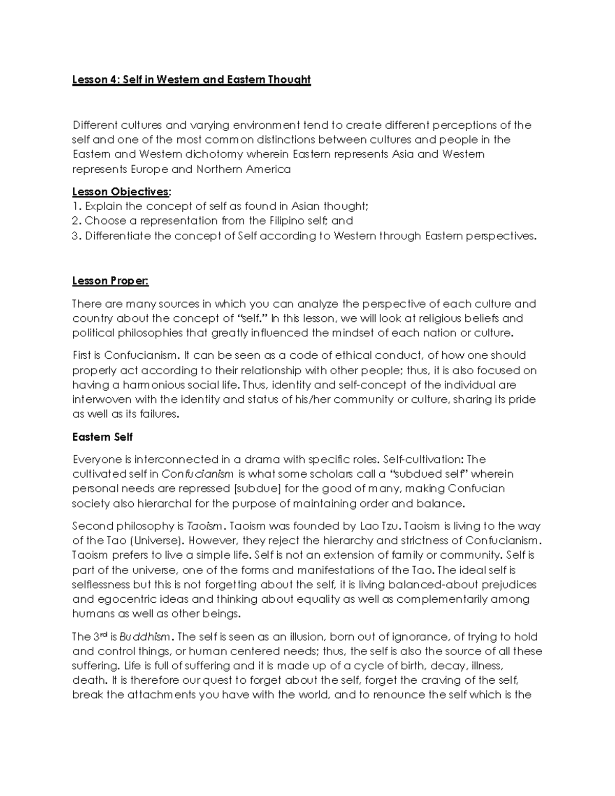 Lesson 4 - Understanding The Self - Lesson 4: Self in Western and ...