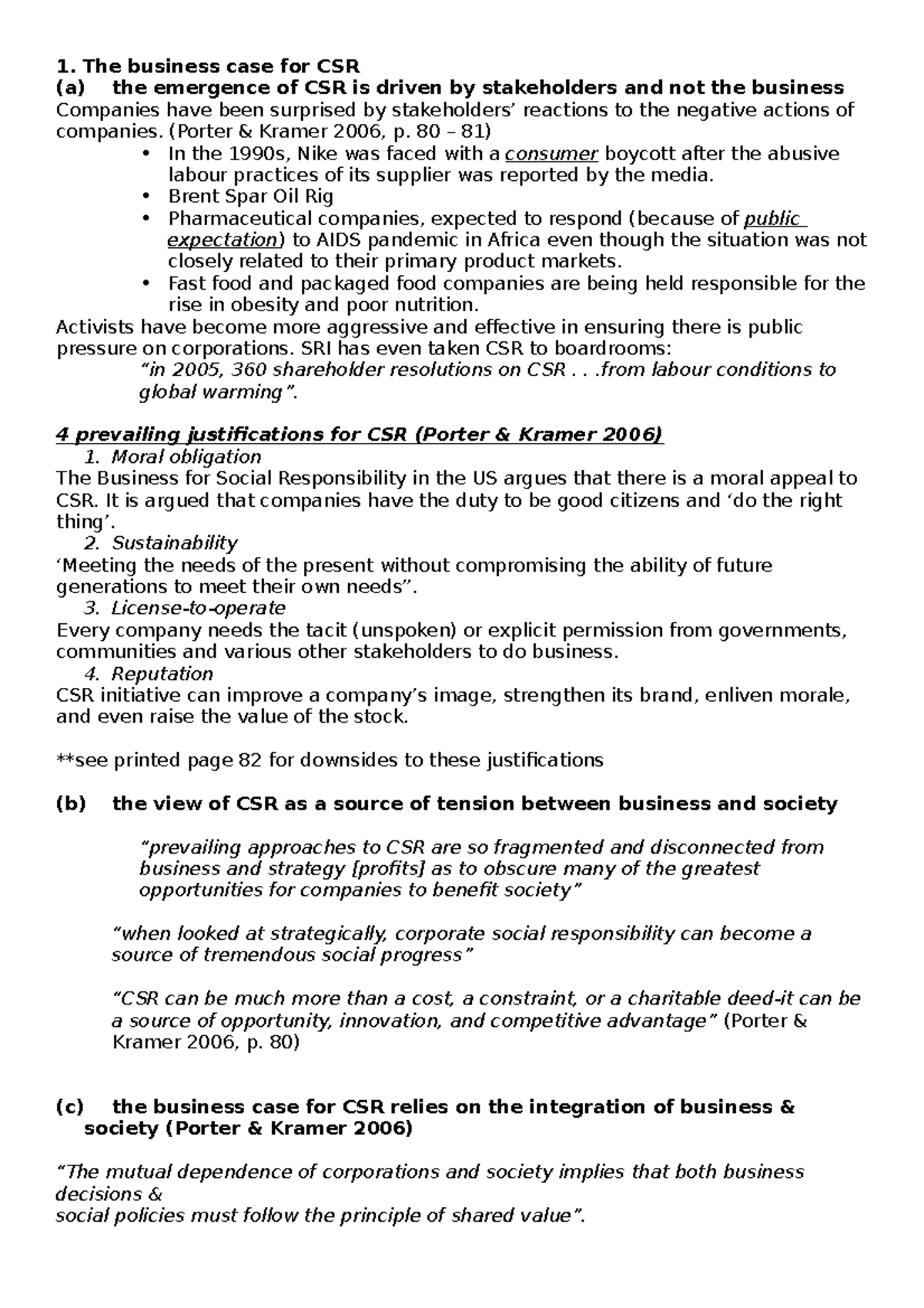 Week 5 - Week 5 summary - 1. The business case for CSR (a) the ...