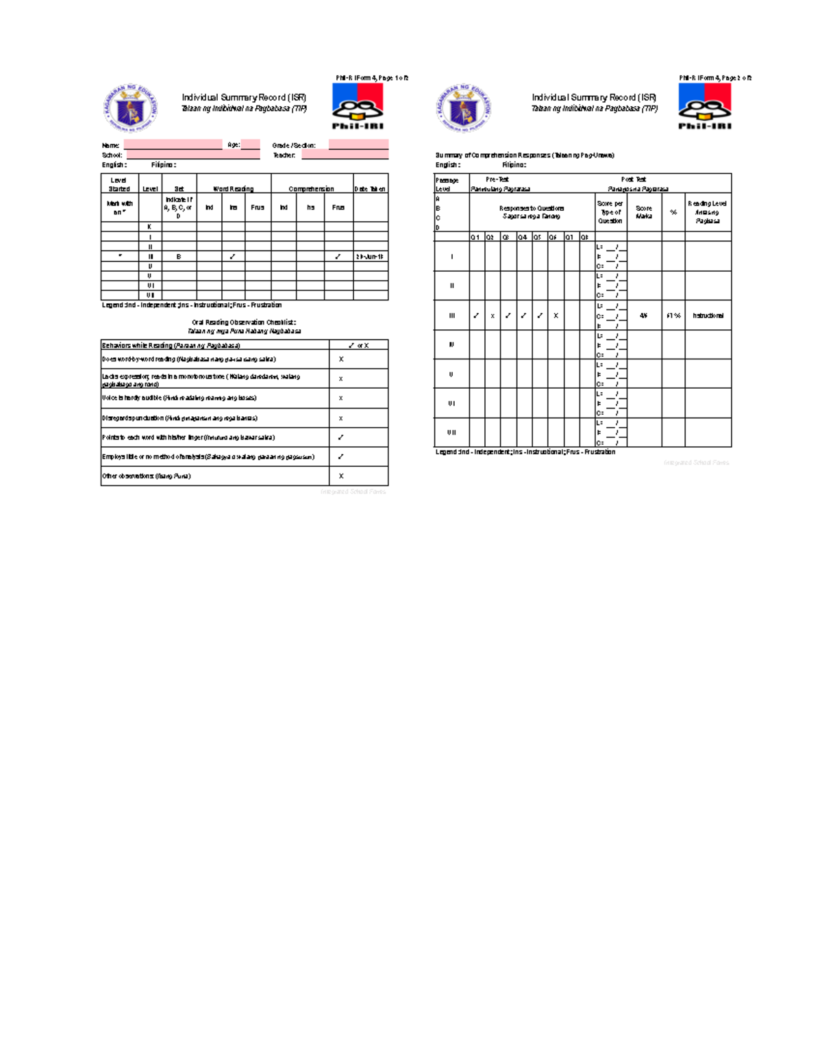 Phil-IRI Form 4 - Studocu