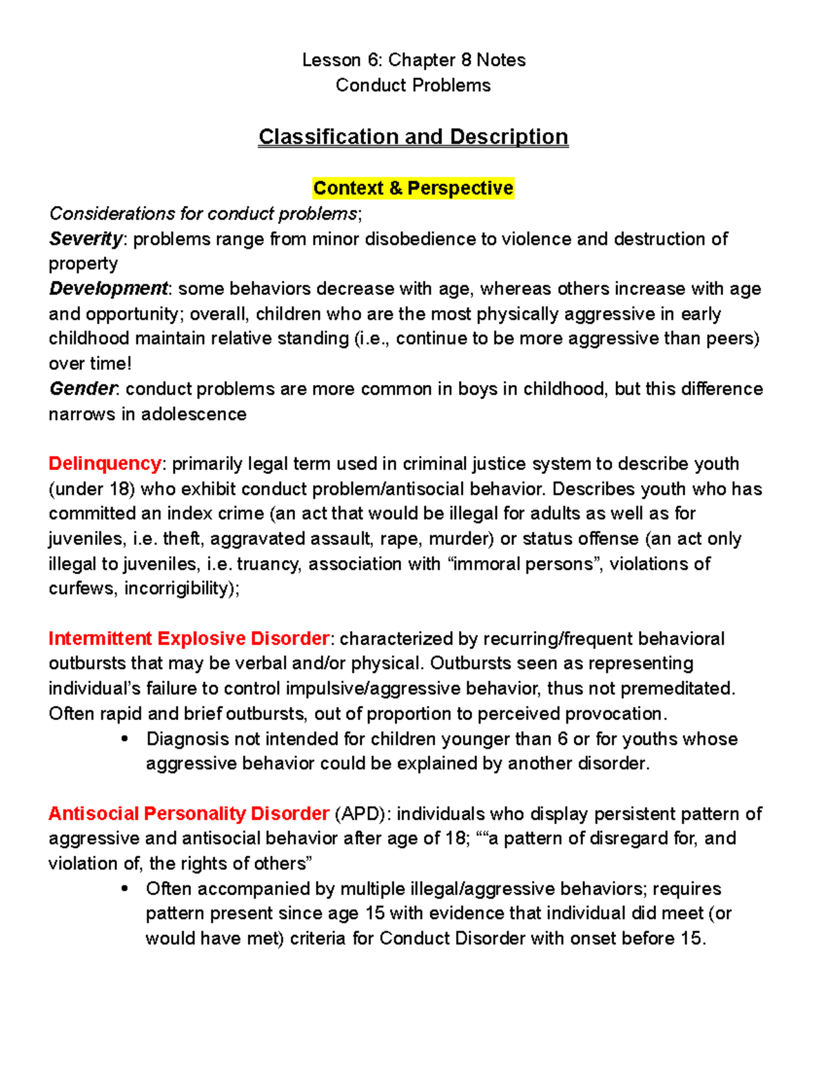 Conduct Problems, Lesson 6 Chapter 8 - Lesson 6: Chapter 8 Notes ...