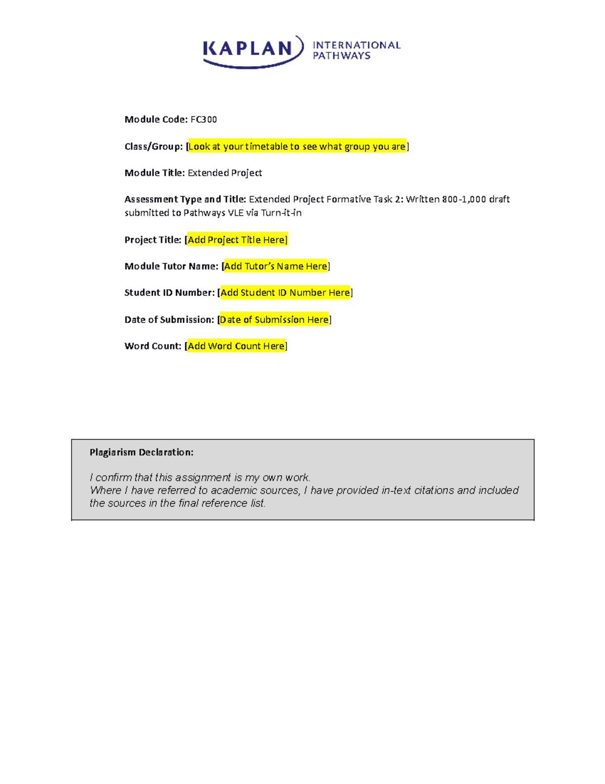 Draft Report Formative Assessment 2 Template - Plagiarism Declaration: I confirm that this - Studocu
