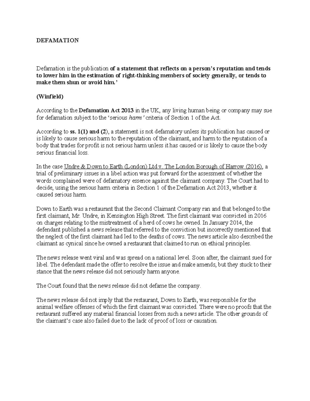 Defamation Introduction - DEFAMATION Defamation is the publication of a ...