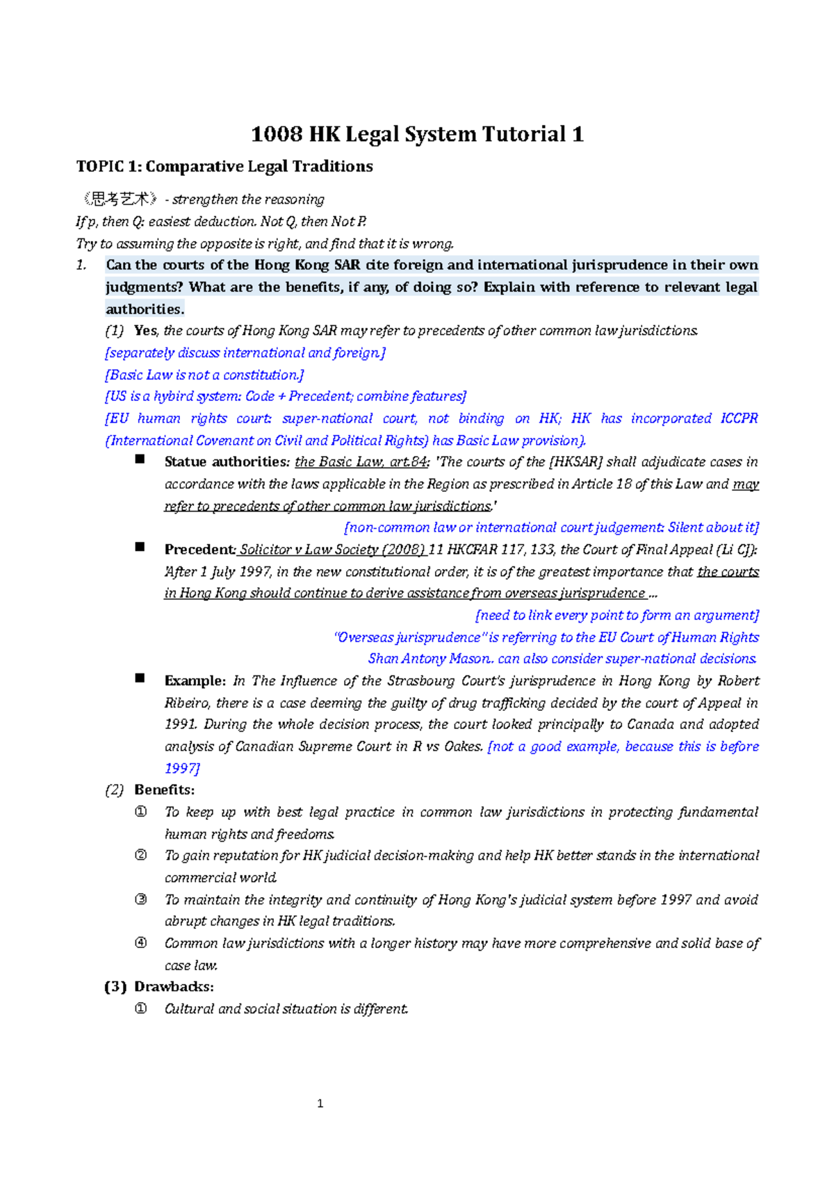 1008 - Tutorial - 1 Preparation - 1008 HK Legal System Tutorial 1 TOPIC 1: Comparative Legal ...