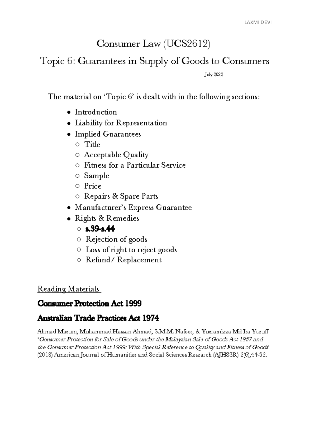 Topic 6- guarantees in supply of goods to consumer - Consumer Law ...