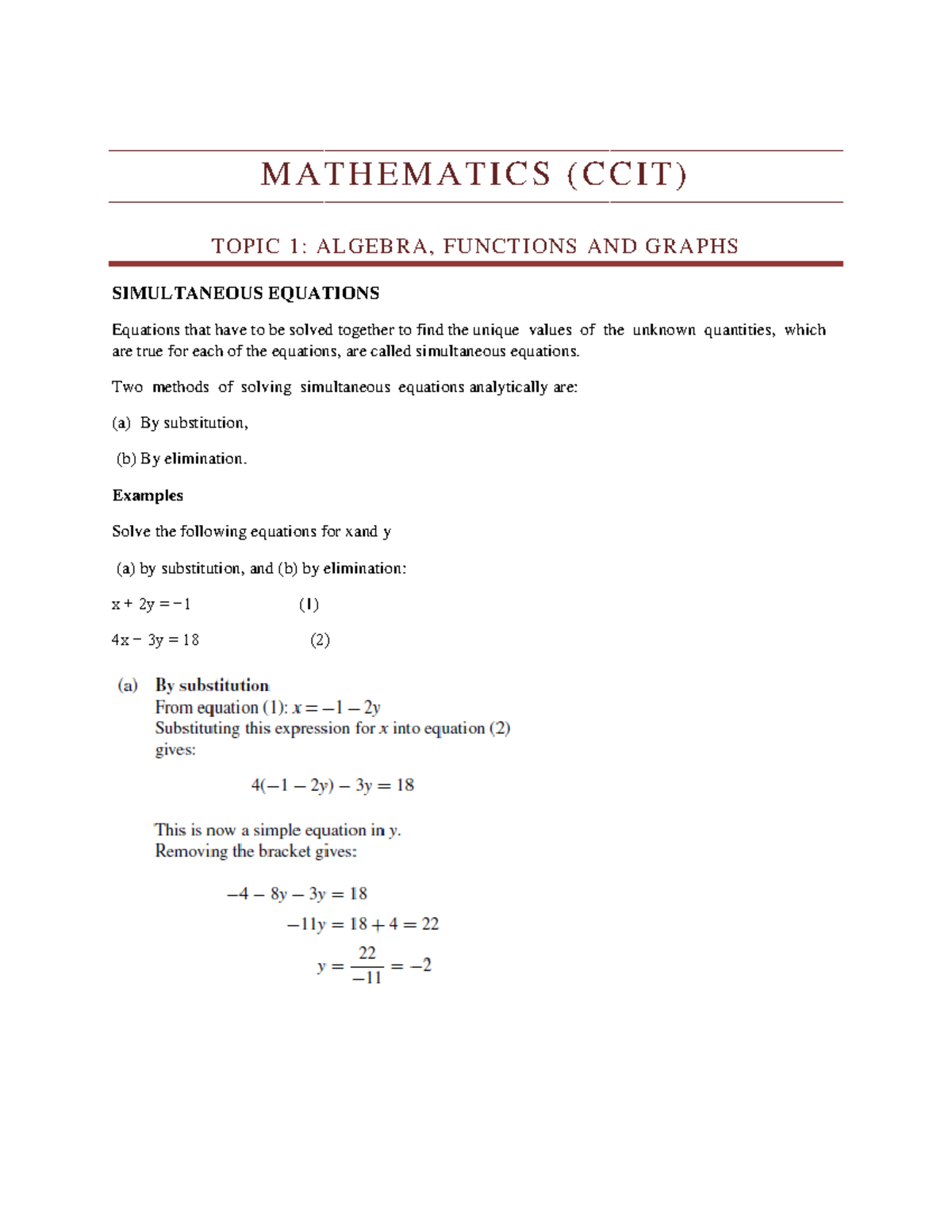 Mathematics (CCIT) Topic 1 Algebra, Functions AND Graphs - M A T H E M ...