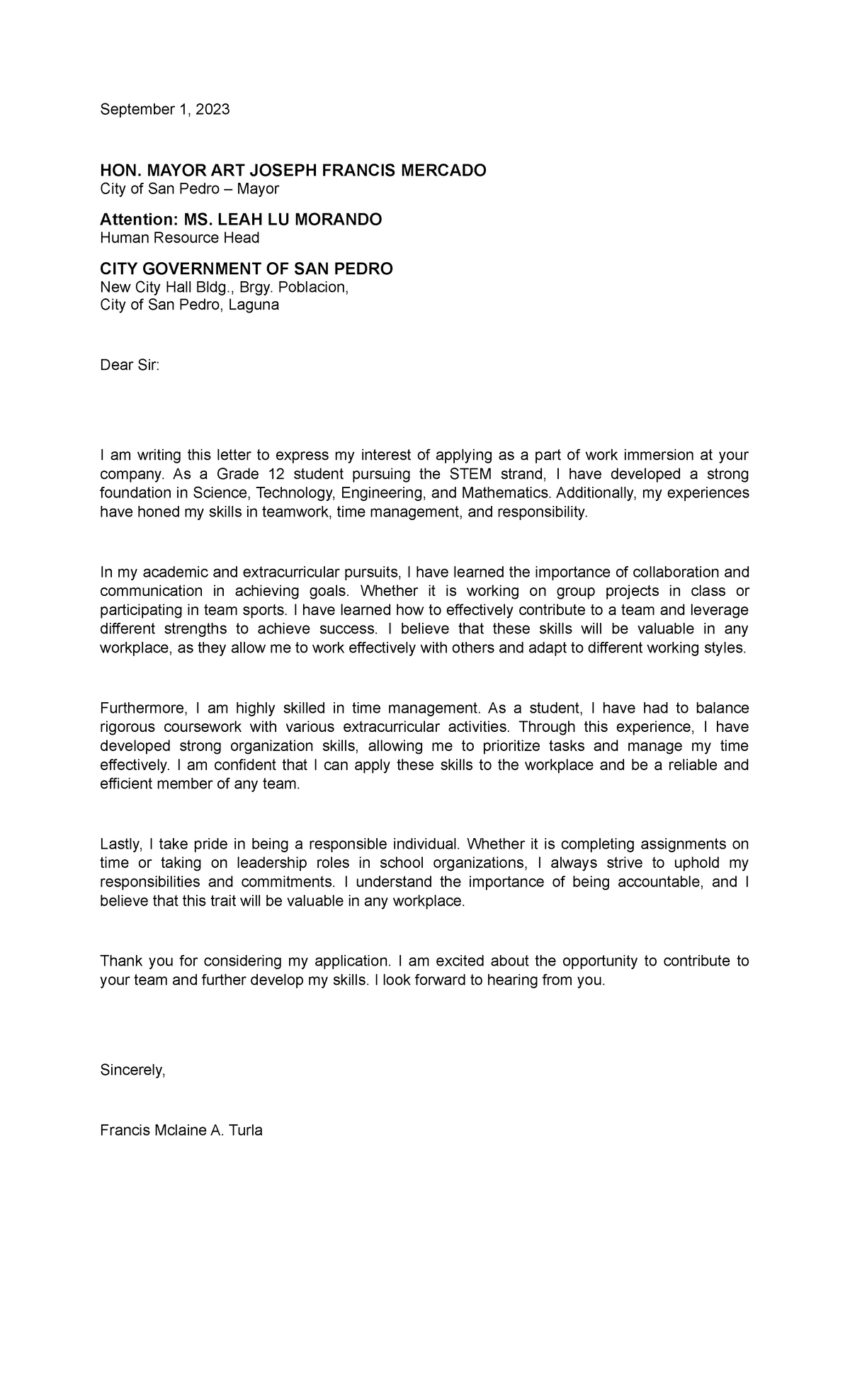 Cover Letter - September 1, 2023 HON. MAYOR ART JOSEPH FRANCIS MERCADO ...
