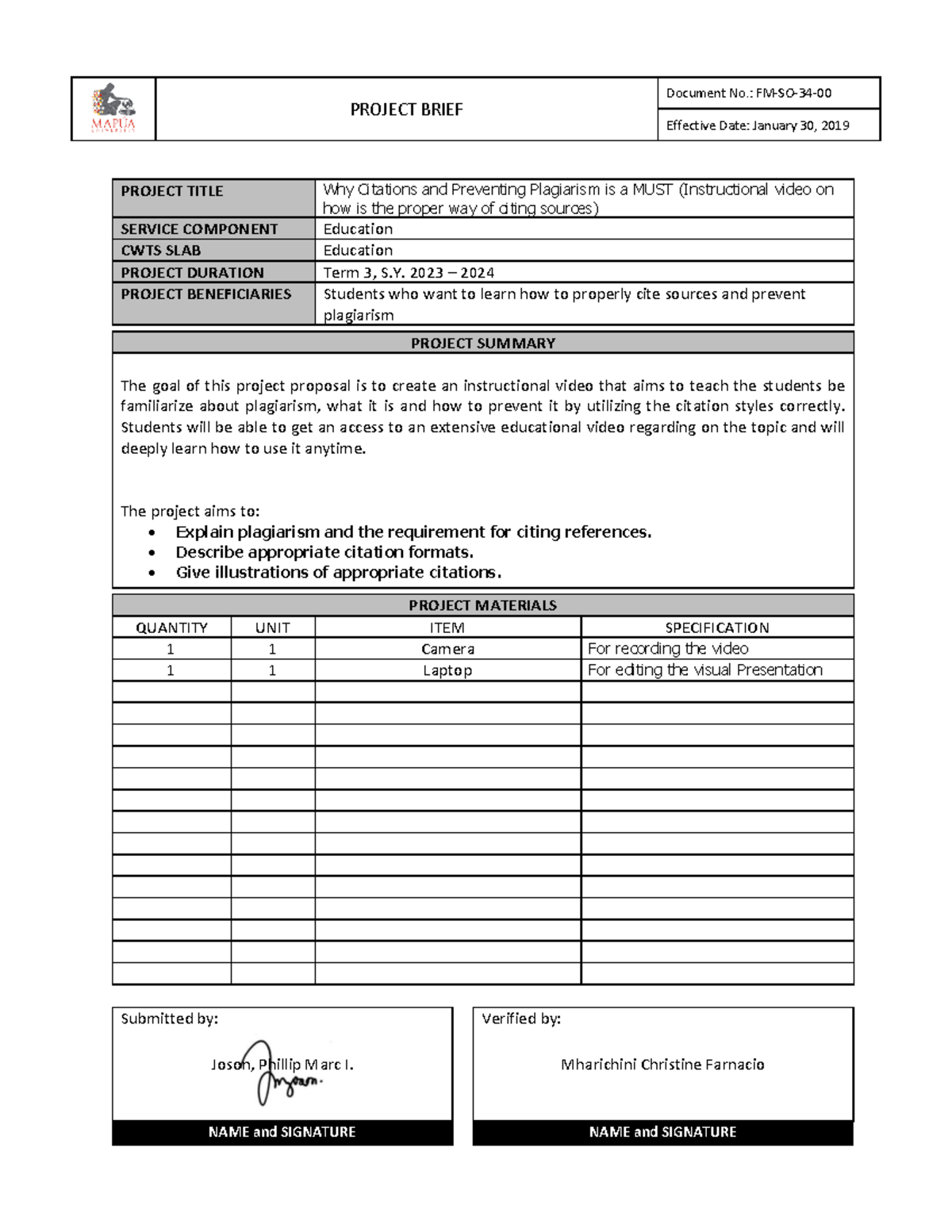Project Brief ( Joson) - PROJECT BRIEF Document No.: FM-SO- 34 - 00 ...