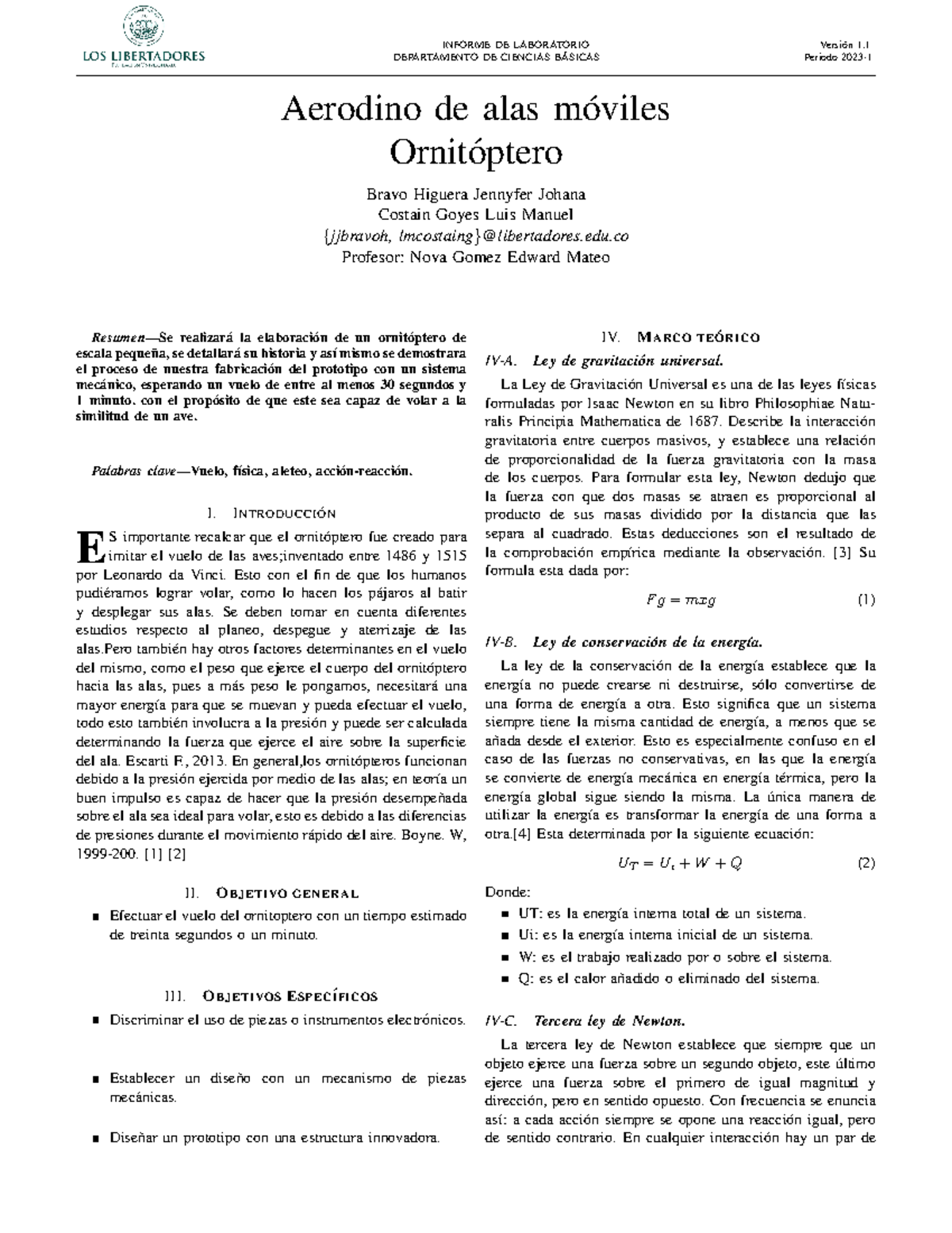 Ornitoptero - DEPARTAMENTO DE CIENCIAS B ́ASICAS Periodo 2023- Aerodino ...
