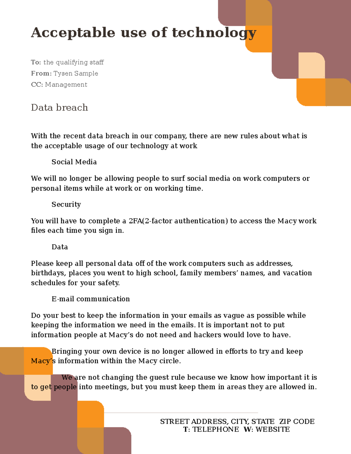 Acceptable use of technology - Security You will have to complete a 2FA ...