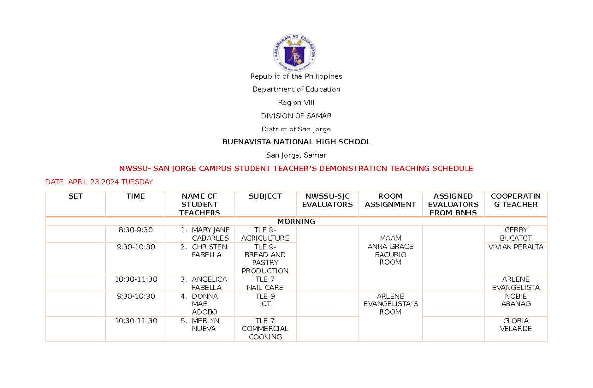 Schedule FOR Final DEMO - Republic of the Philippines Department of ...