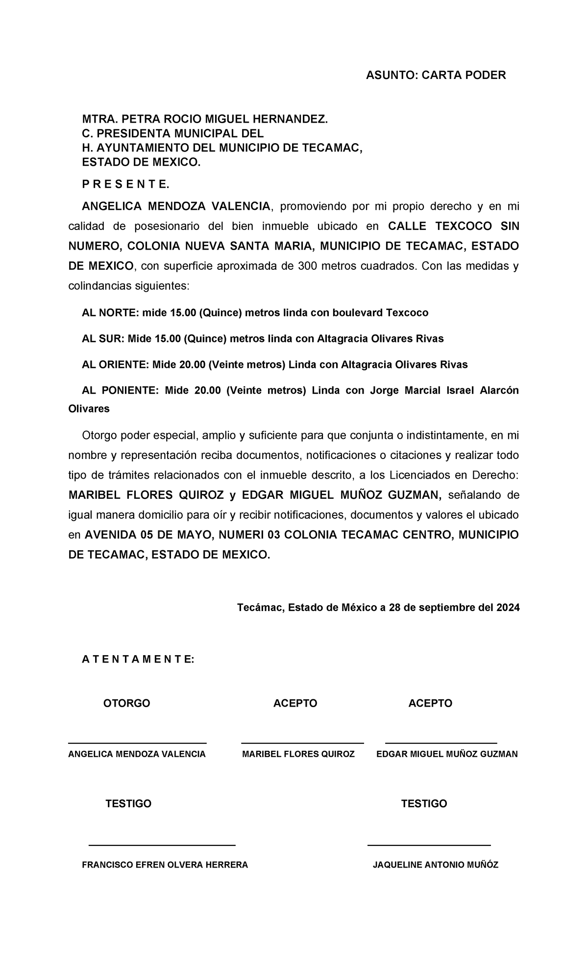 Escrito de una Carta Poder - ASUNTO: CARTA PODER MTRA. PETRA ROCIO MIGUEL HERNANDEZ. C ...