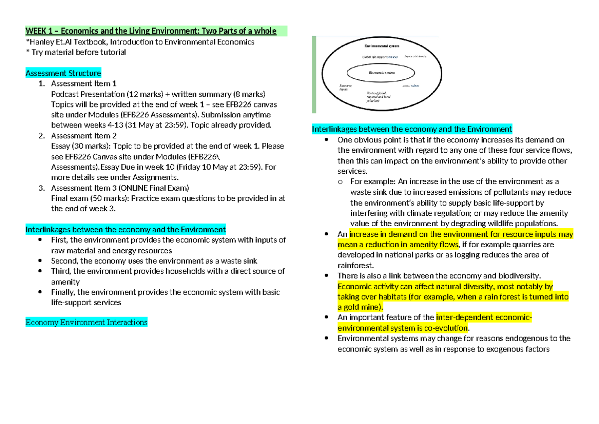 Lectures - WEEK 1 – Economics and the Living Environment: Two Parts of ...