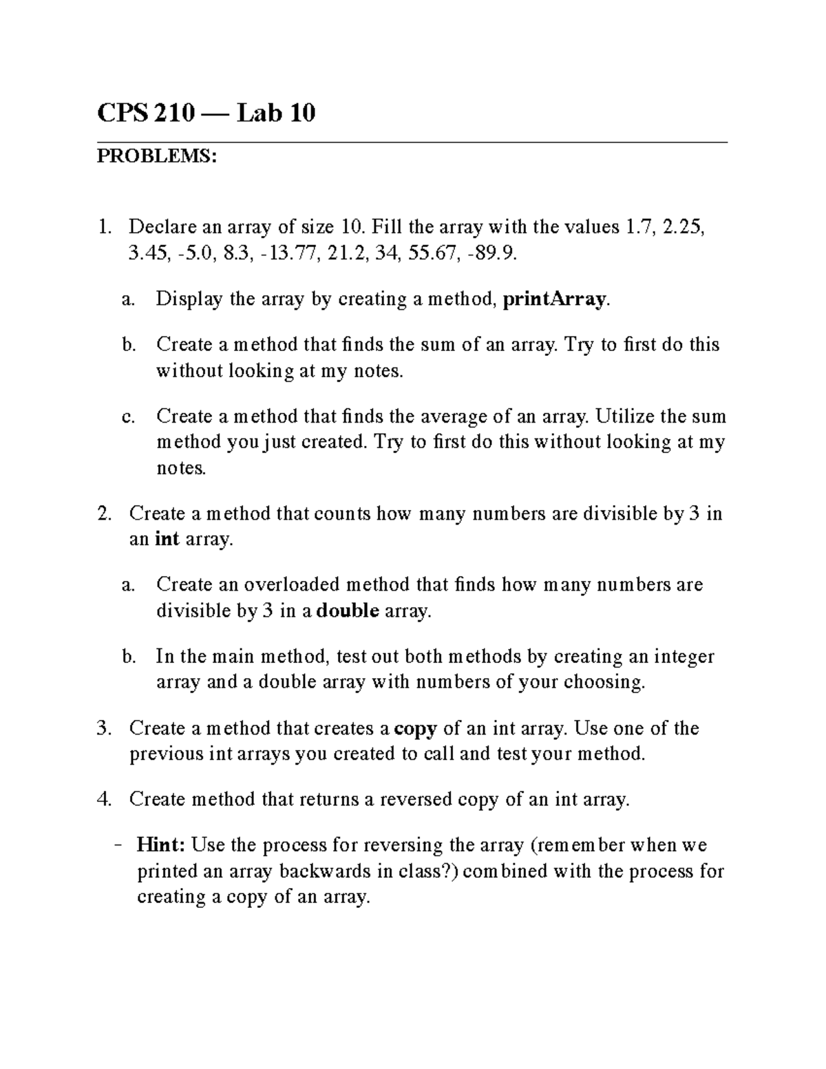 Lab 10 - Arrays - CPS 210 — Lab 10 PROBLEMS: Declare an array of size ...