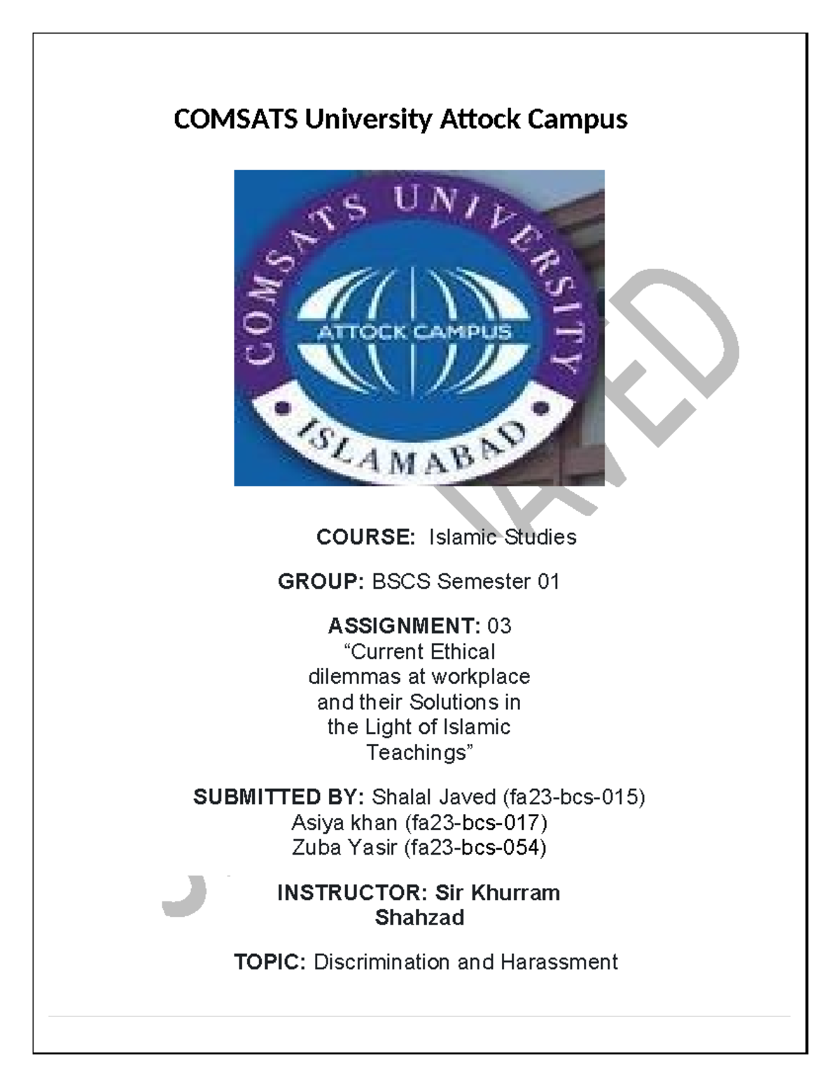 Islamic studies project - COMSATS University Attock Campus COURSE ...