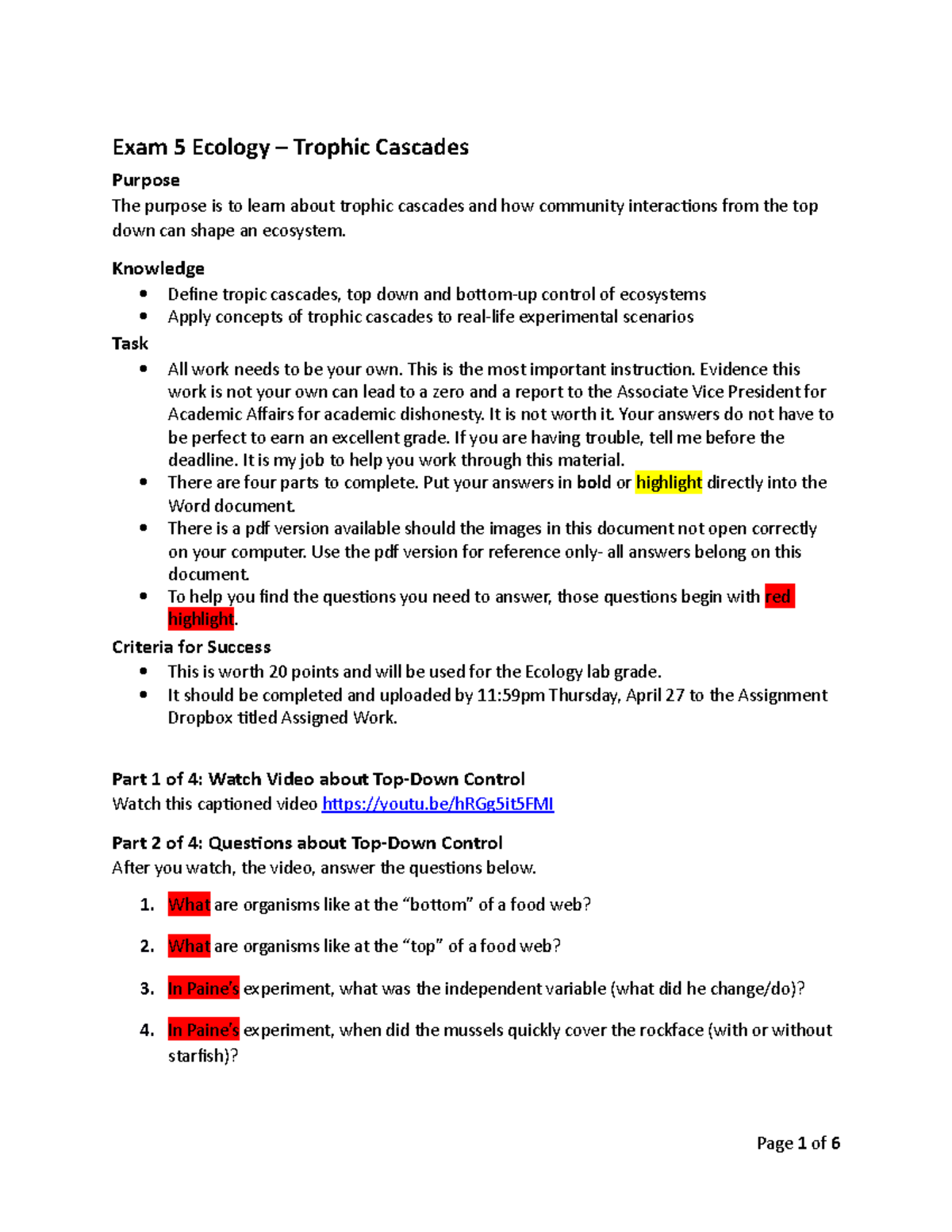Ecology Lab 23S - Exam 5 Ecology – Trophic Cascades Purpose The purpose ...