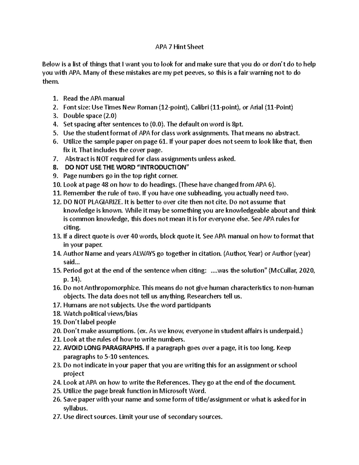 APA 7 Hint Sheet - APA - APA 7 Hint Sheet Below is a list of things ...