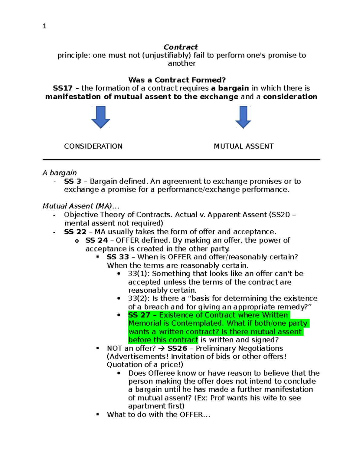 Contracts Outline (midterm) - Contract principle: one must not (unjustifiably) fail to perform ...