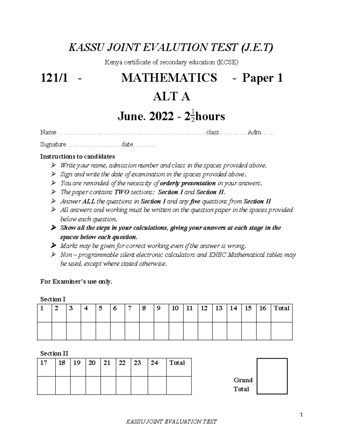 Kassu-JET- Mathematics- Paper-1- Questions-2-Teacher co ke - KASSU ...