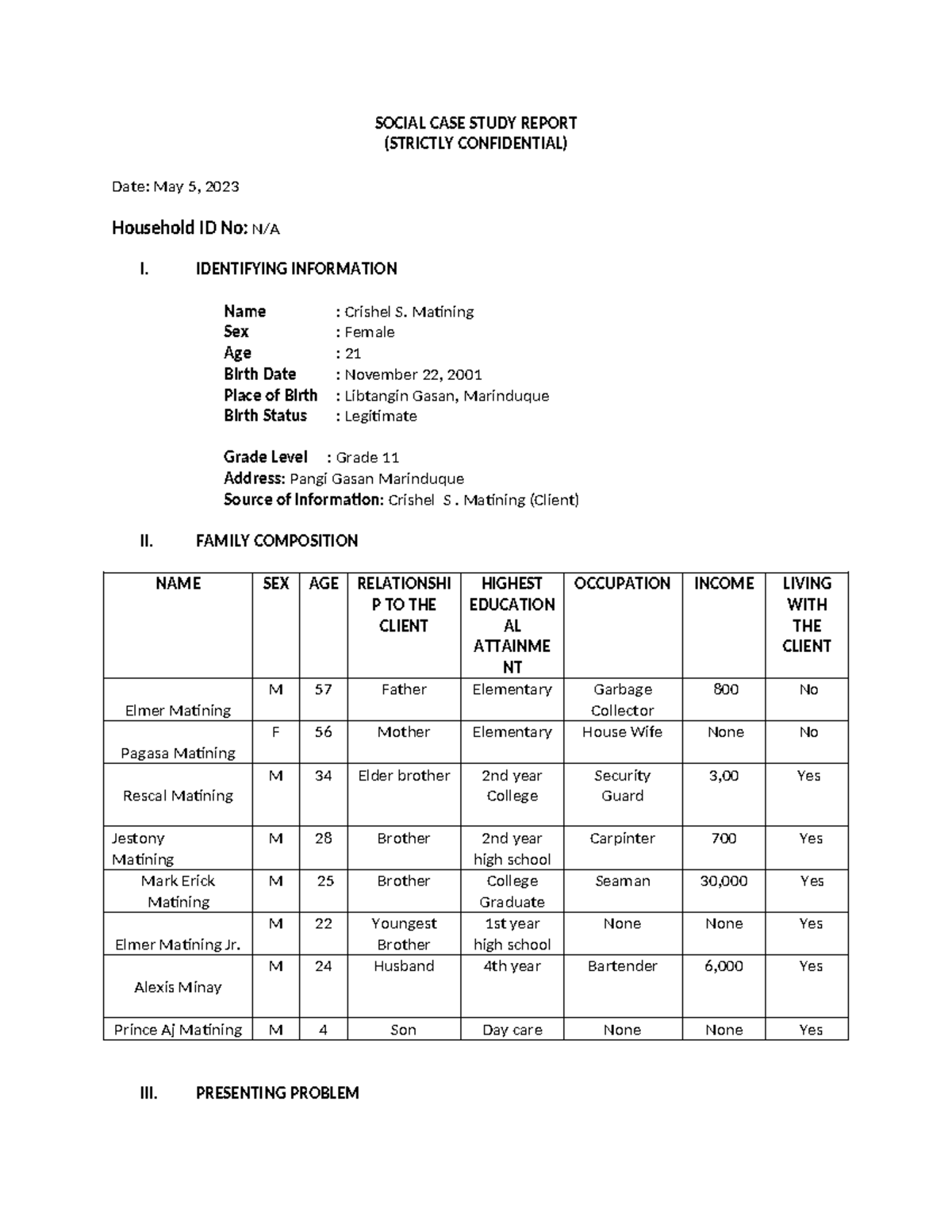 Social CASE Study Format - SOCIAL CASE STUDY REPORT (STRICTLY ...