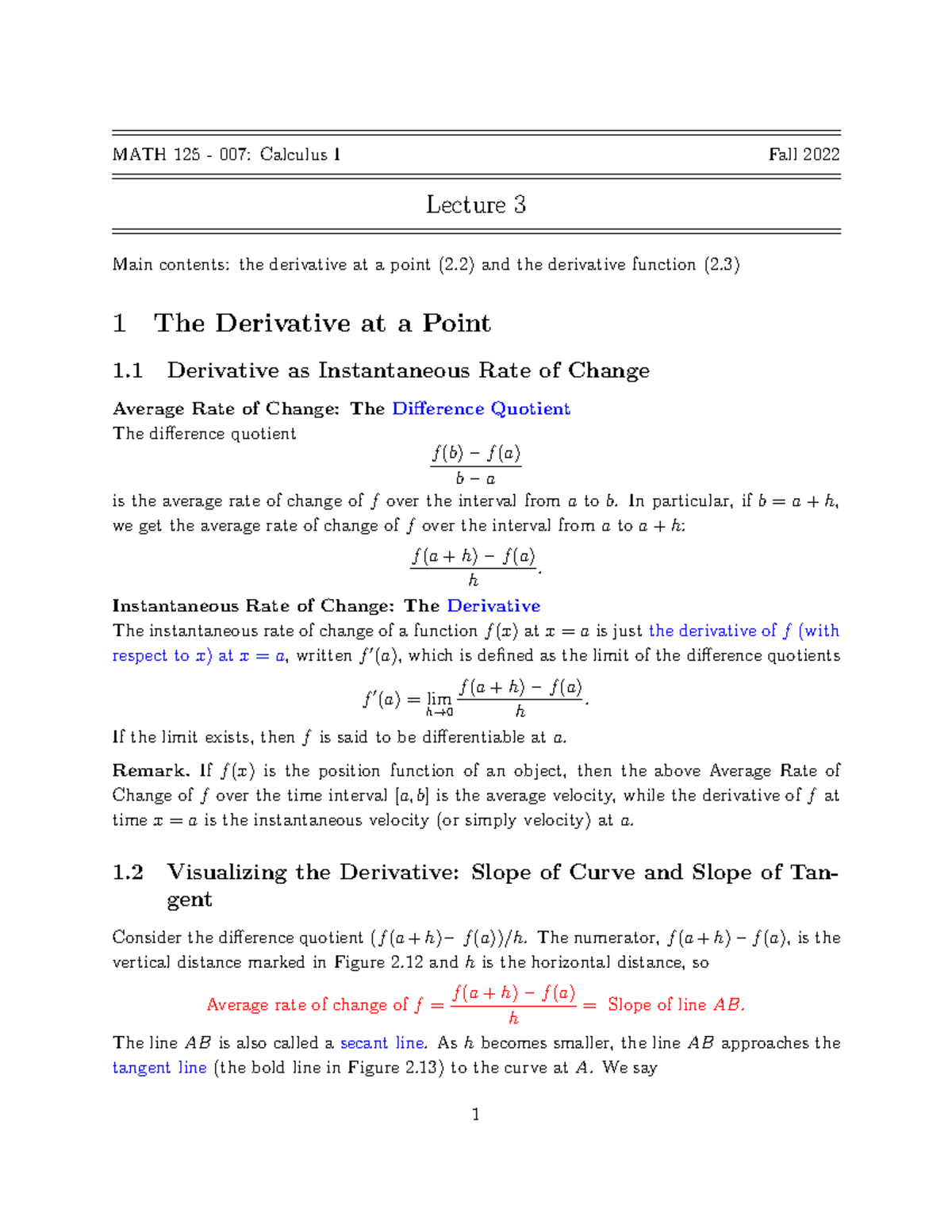 Lesson 3 - Intriduction to Derivative - MATH 125 - 007: Calculus I Fall ...