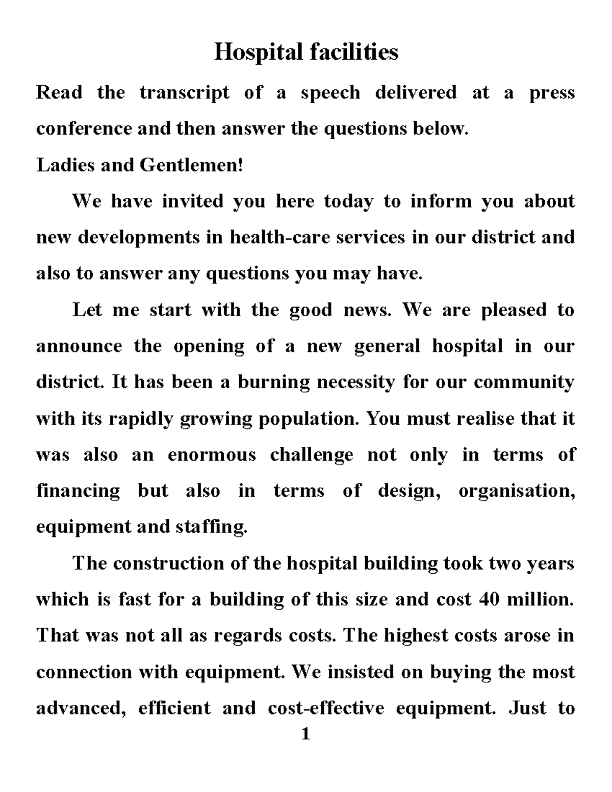 Hospital facilities first lecture - Hospital facilities Read the ...