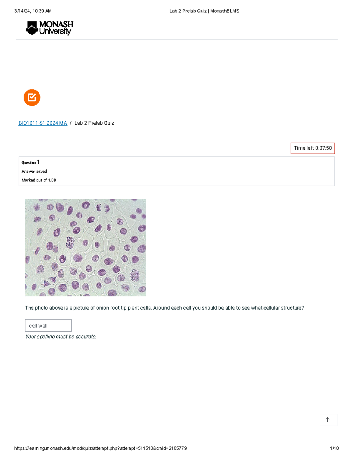 Lab 2 Prelab Quiz Monash ELMS - BIO1011 S1 2024 MA / Lab 2 Prelab Quiz ...