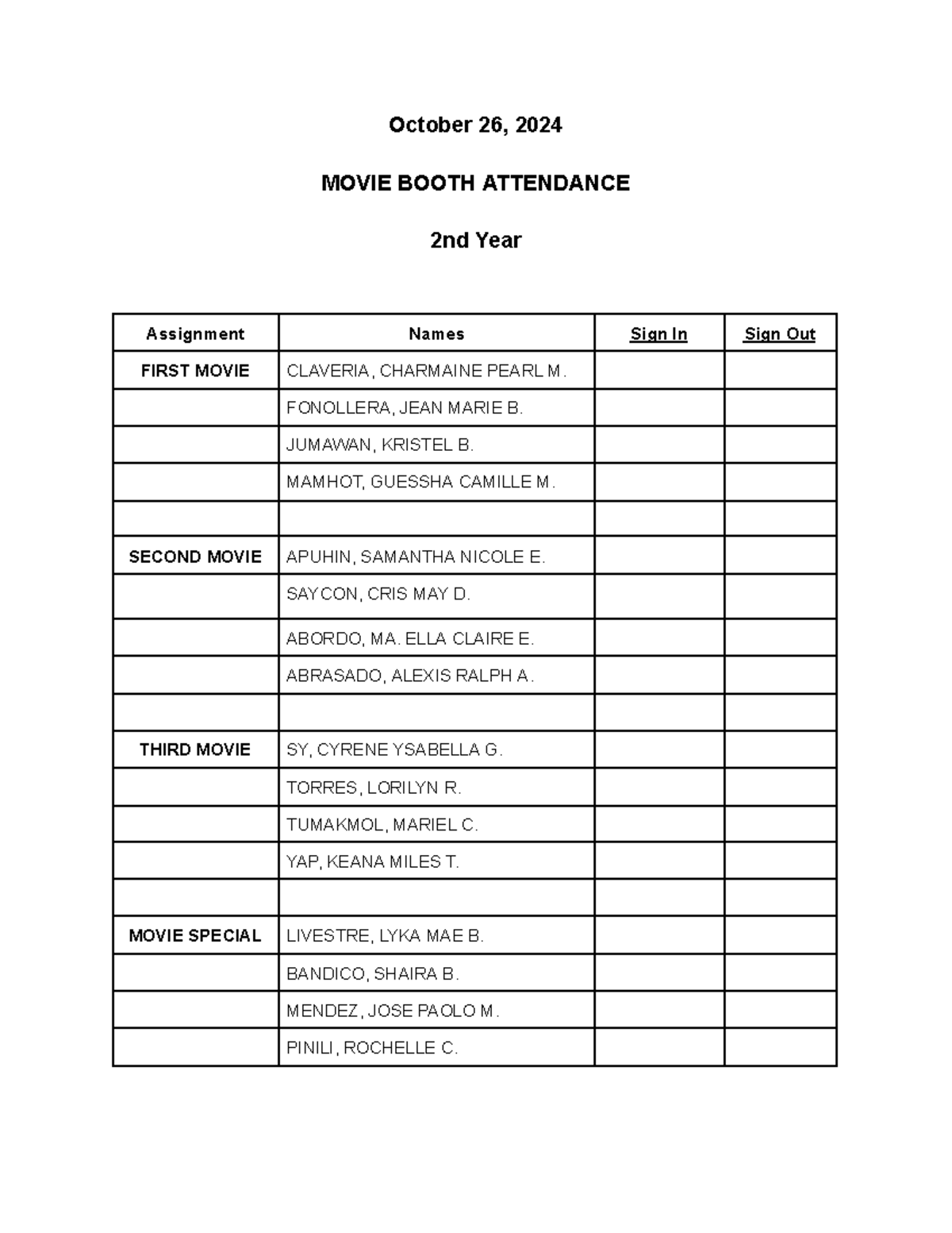 Movie Booth Attendance 2nd Year - October 26, 2024 MOVIE BOOTH ...