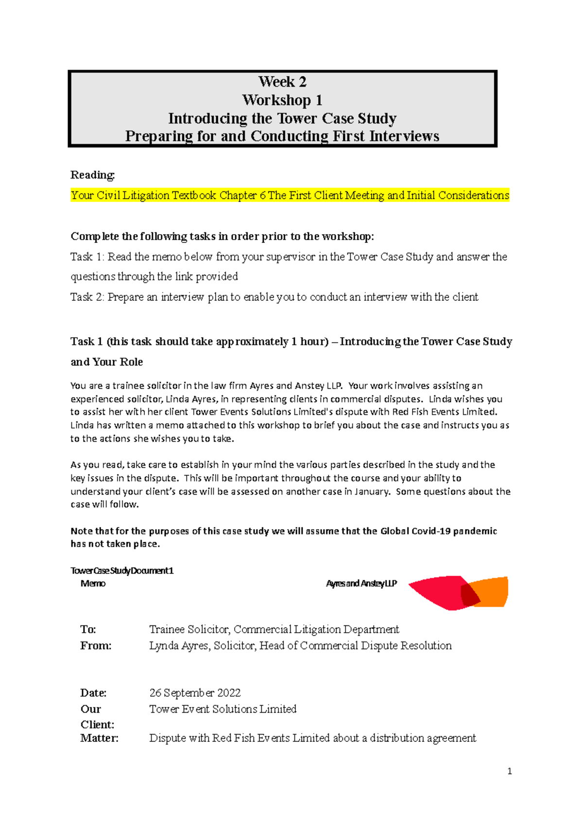 Workshop 1 - Week 2 Workshop 1 Introducing the Tower Case Study Preparing for and Conducting ...