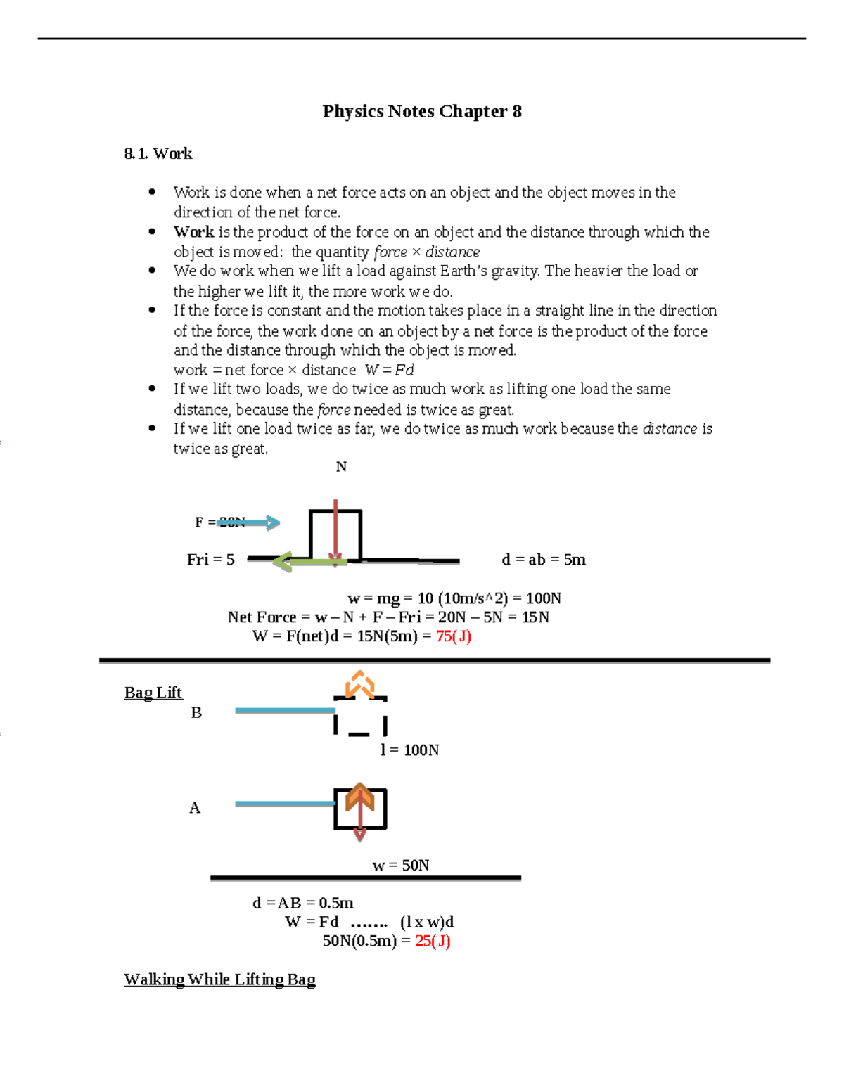 Physics notes chapter 8 - Physics Notes Chapter 8 Work Work is done ...