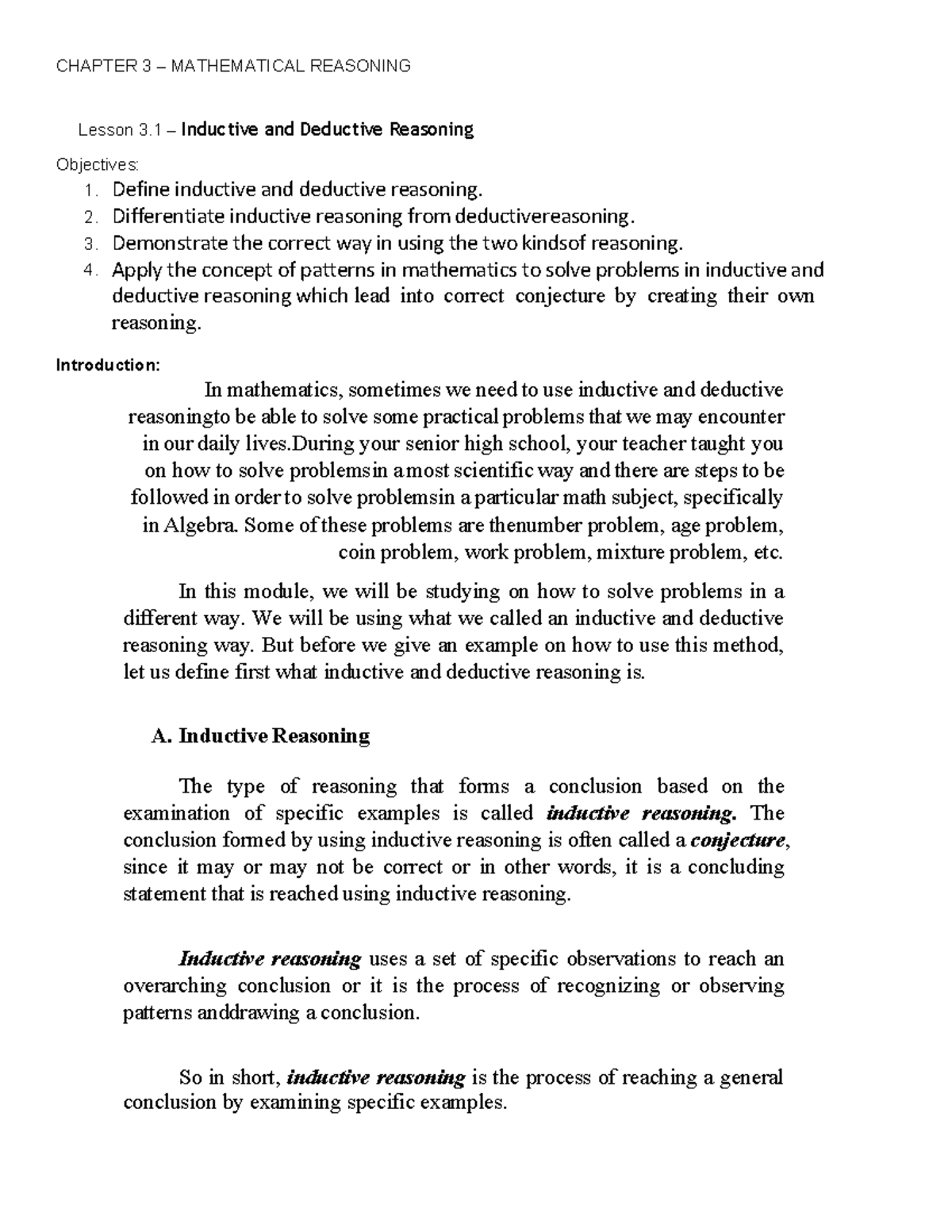 Math reporting Chapter 3 Lesson 3 - CHAPTER 3 – MATHEMATICAL REASONING Lesson 3 – Inductive and ...