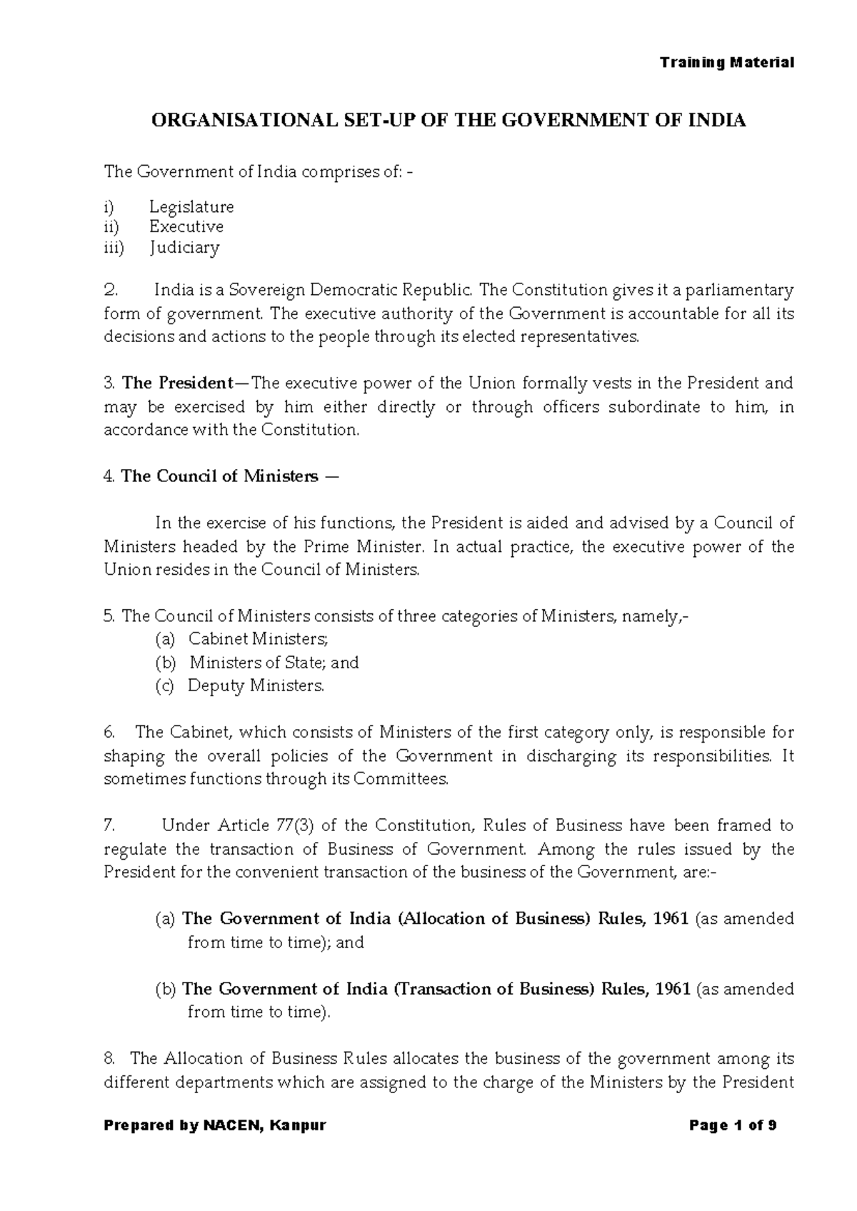 Organisational Setup of Gov of India - ORGANISATIONAL SET-UP OF THE ...
