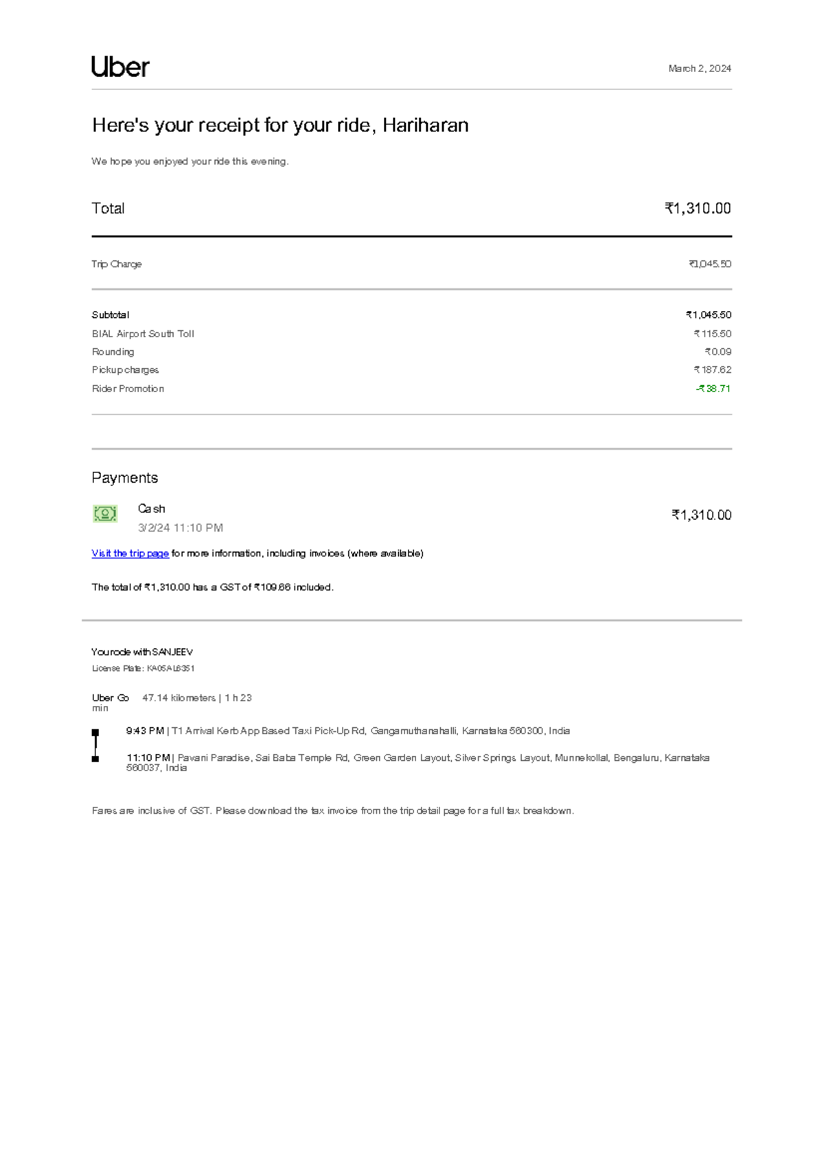 UBER - Cash 3/2/24 11:10 PM 9:43 PM | T1 Arrival Kerb App Based Taxi ...