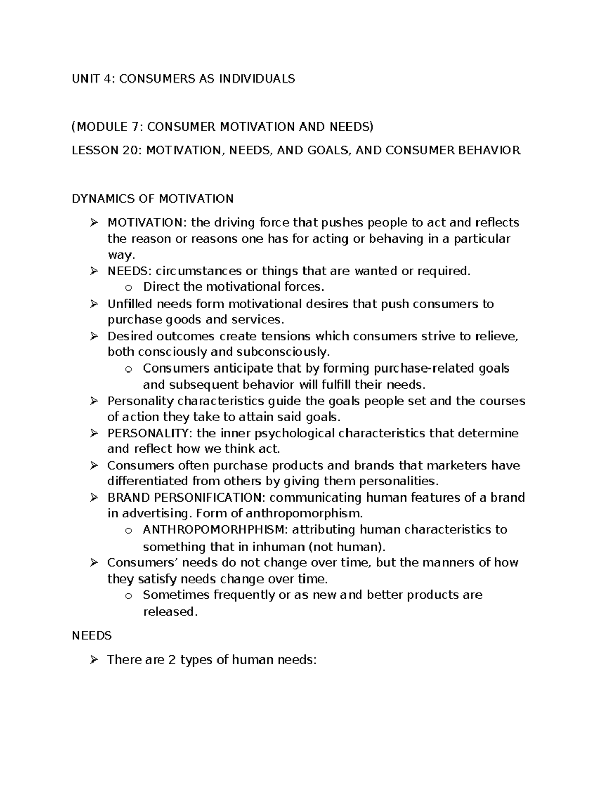 UNIT 4 Notes - UNIT 4: CONSUMERS AS INDIVIDUALS (MODULE 7: CONSUMER ...