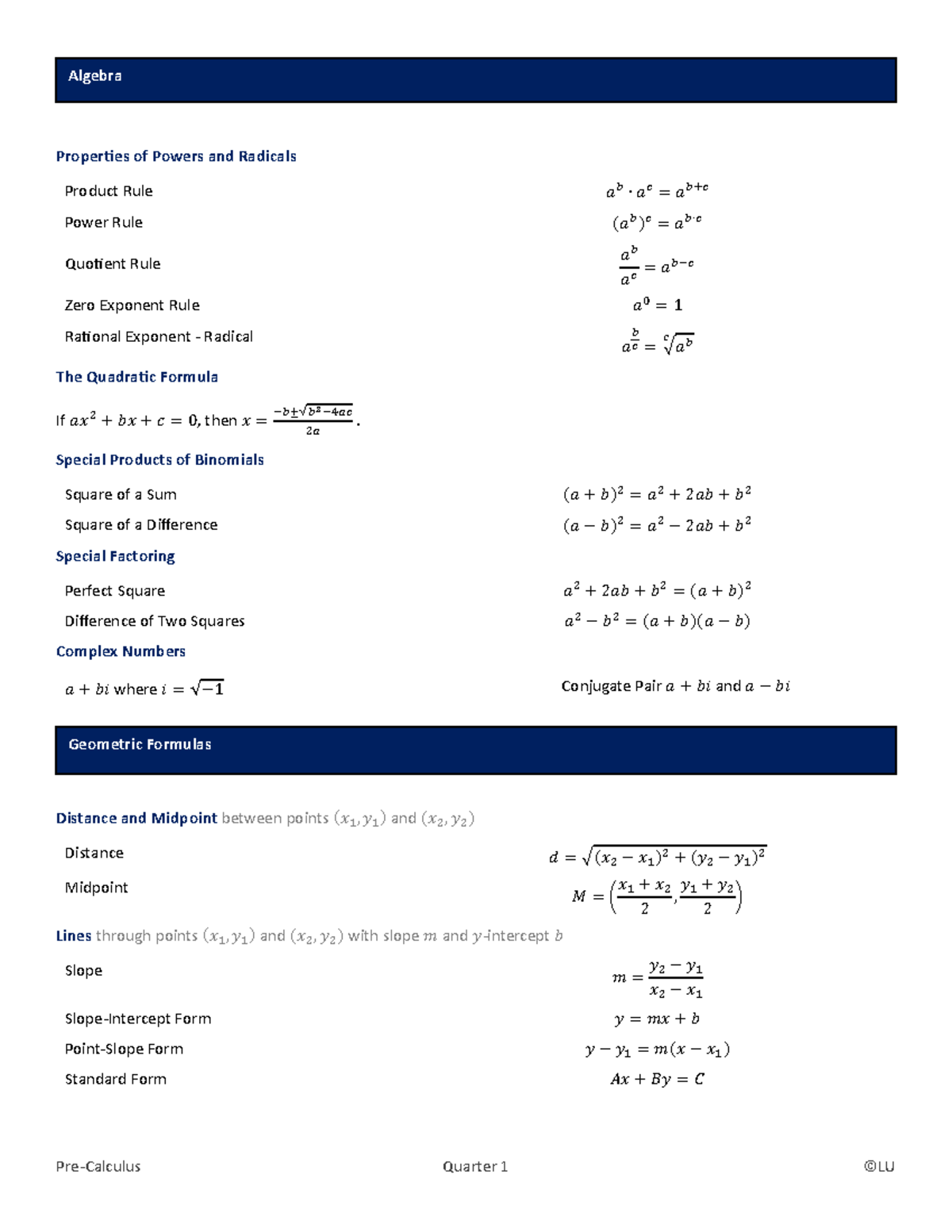 Quarter 1 formula sheet - Properties of Powers and Radicals Product ...